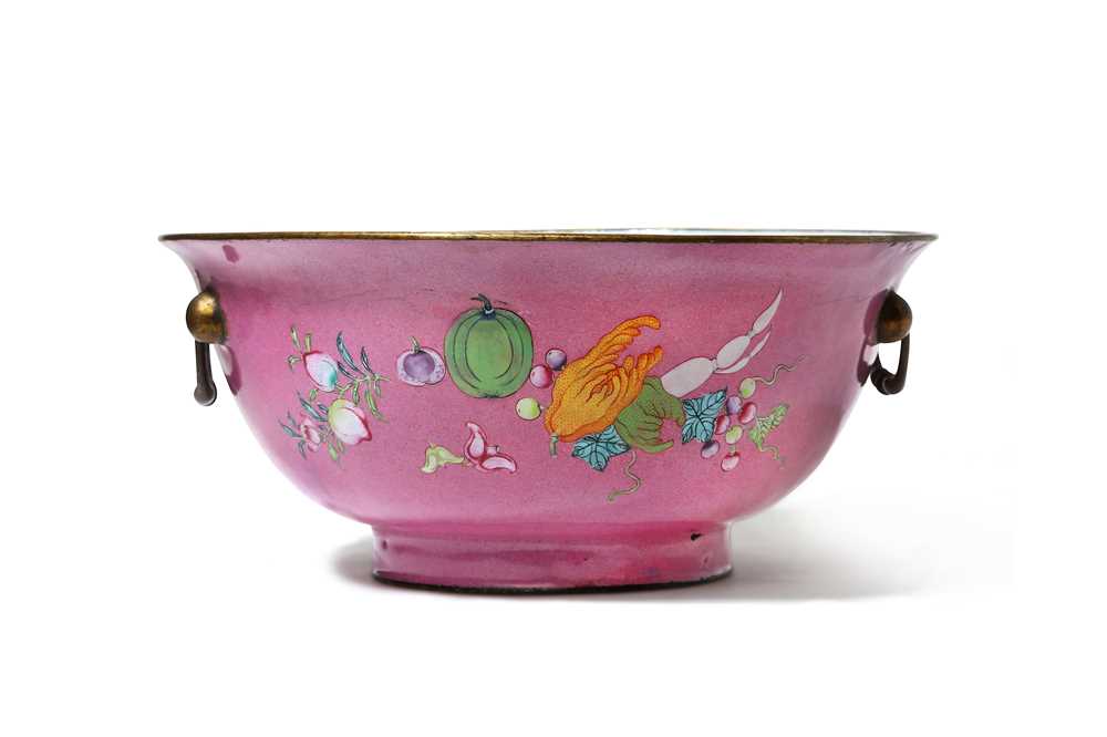Lot 337 - A CHINESE CANTON ENAMEL PINK-GROUND 'FRUIT'