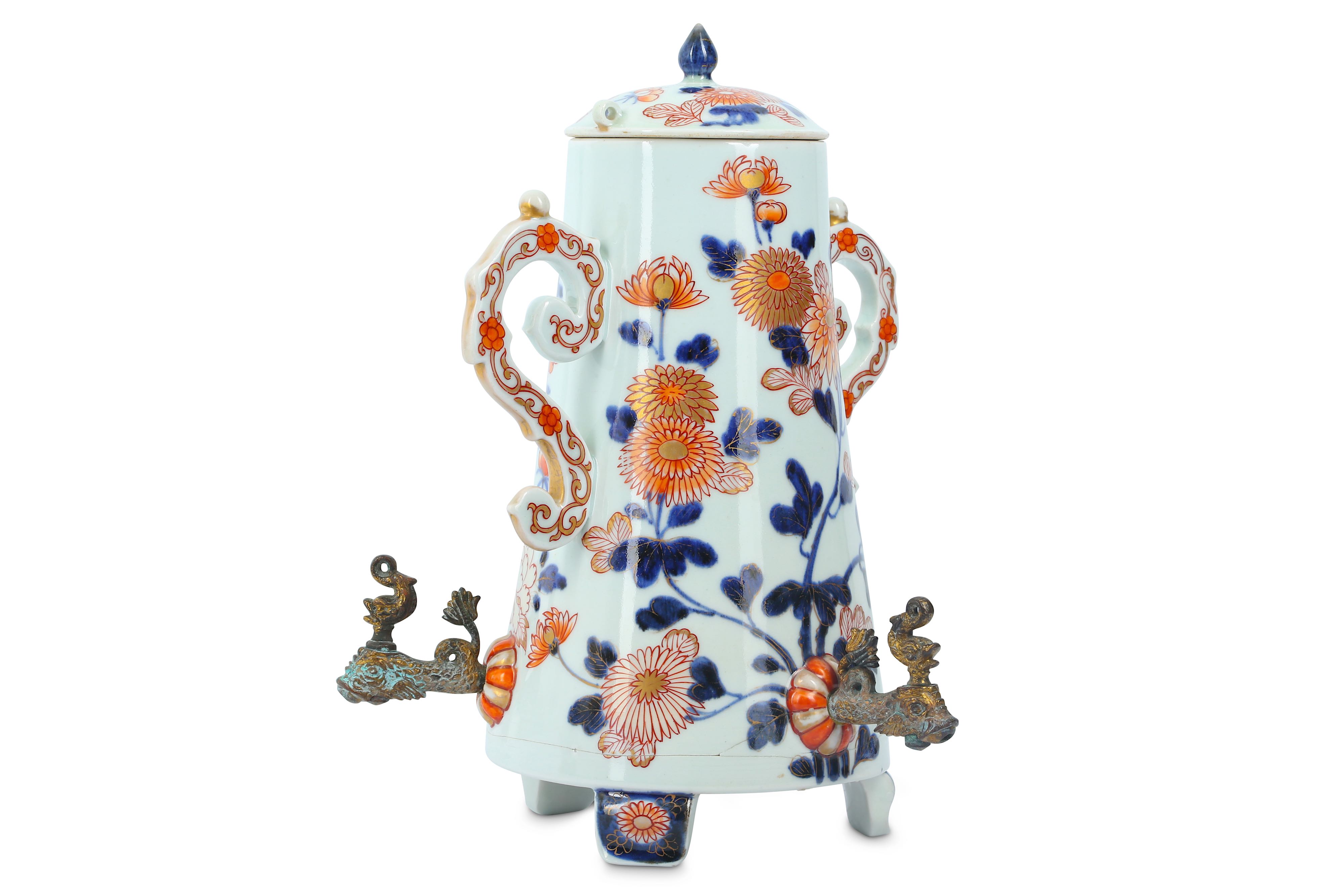 Lot 1036 - AN UNUSUALL IMARI COFFEE EWER. Late