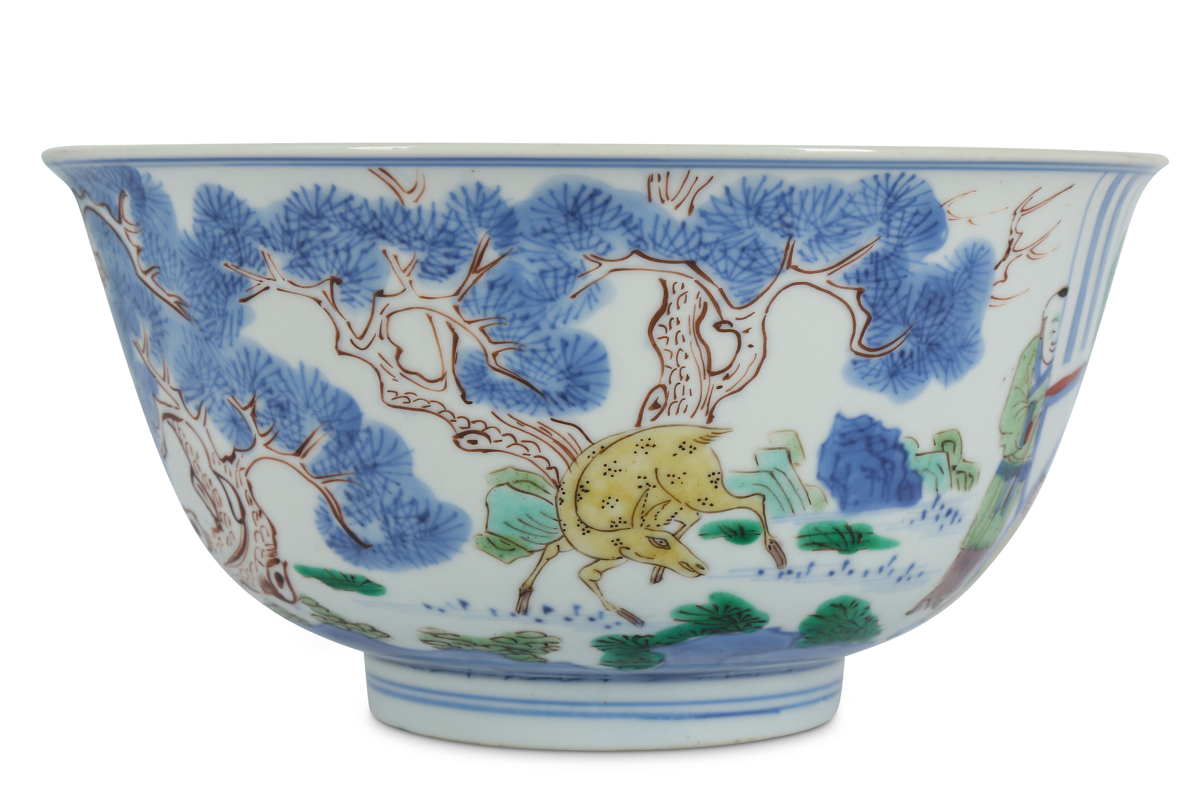 Lot 257 - A CHINESE WUCAI 'SAGES' BOWL. Qing Dynasty,
