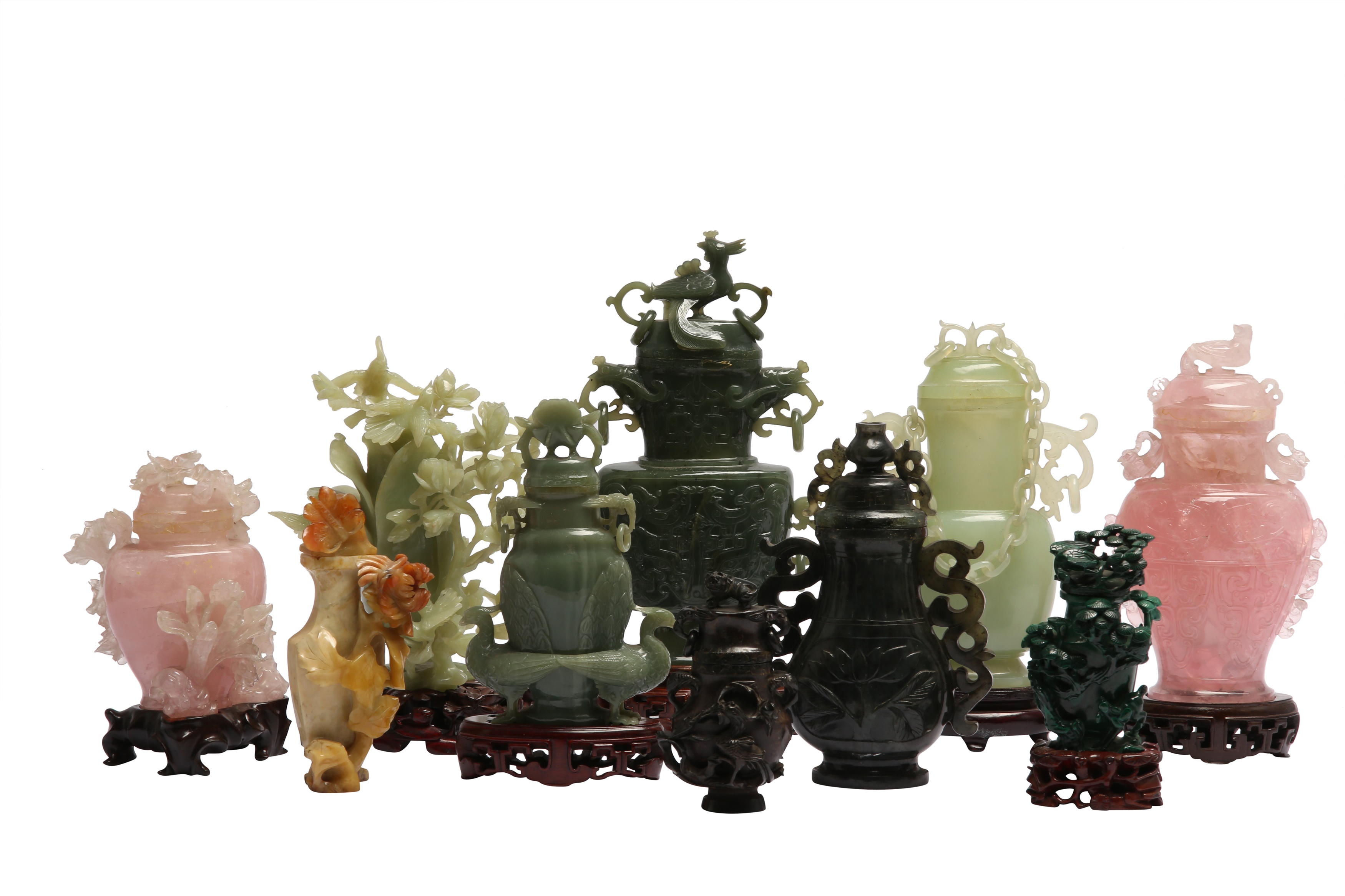 Lot 293 - TEN CHINESE HARDSTONE CARVED VASES AND