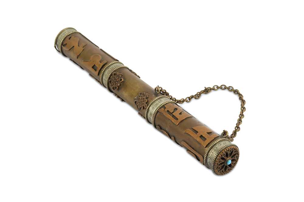 Lot 221 - A Tibetan cylindrical copper scroll holder,