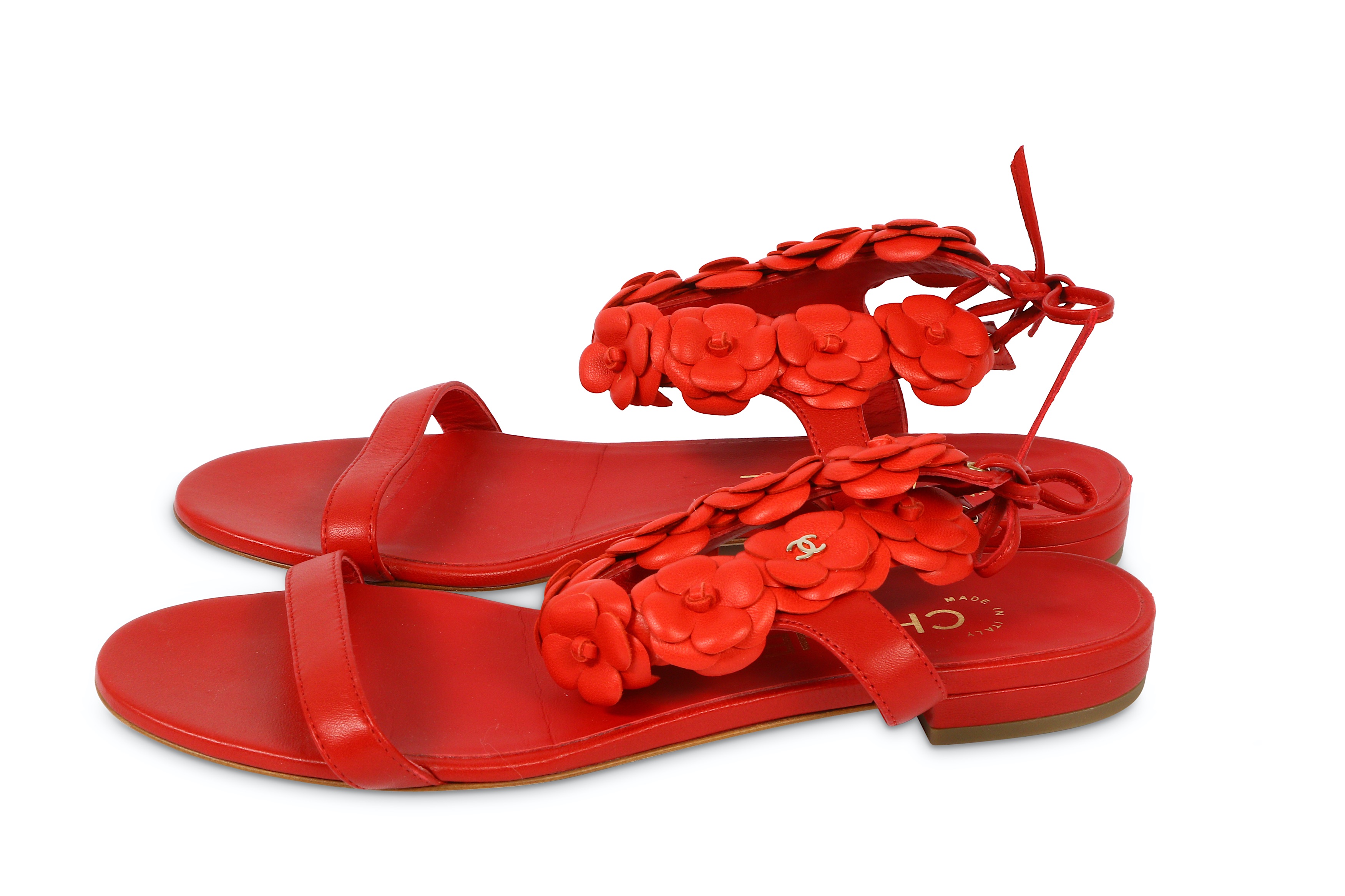 Lot 251 - Chanel Red Leather Camellia Ankle Strap