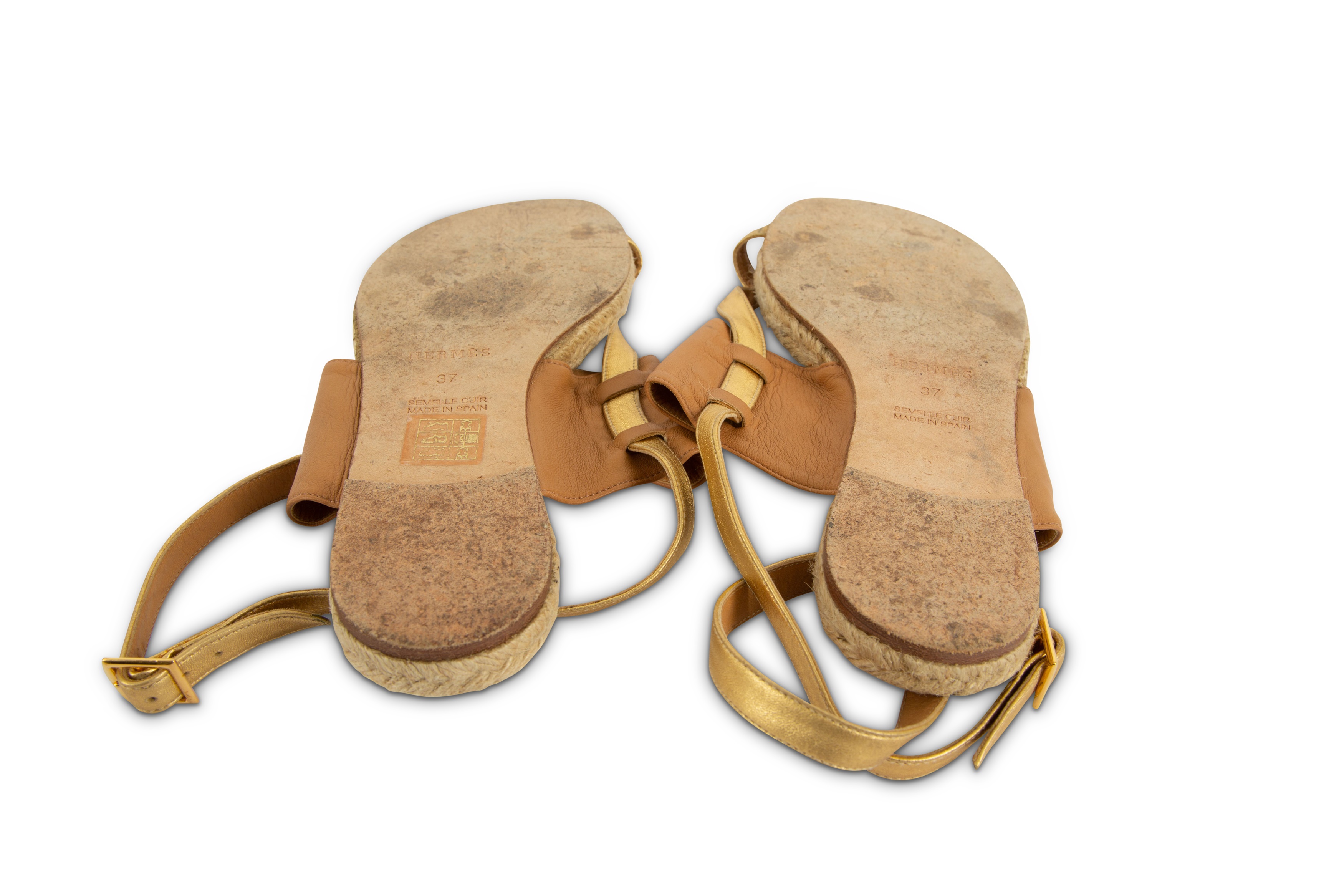 Lot 148 - Hermes Tan and Gold Espadrille Flat Sandals
