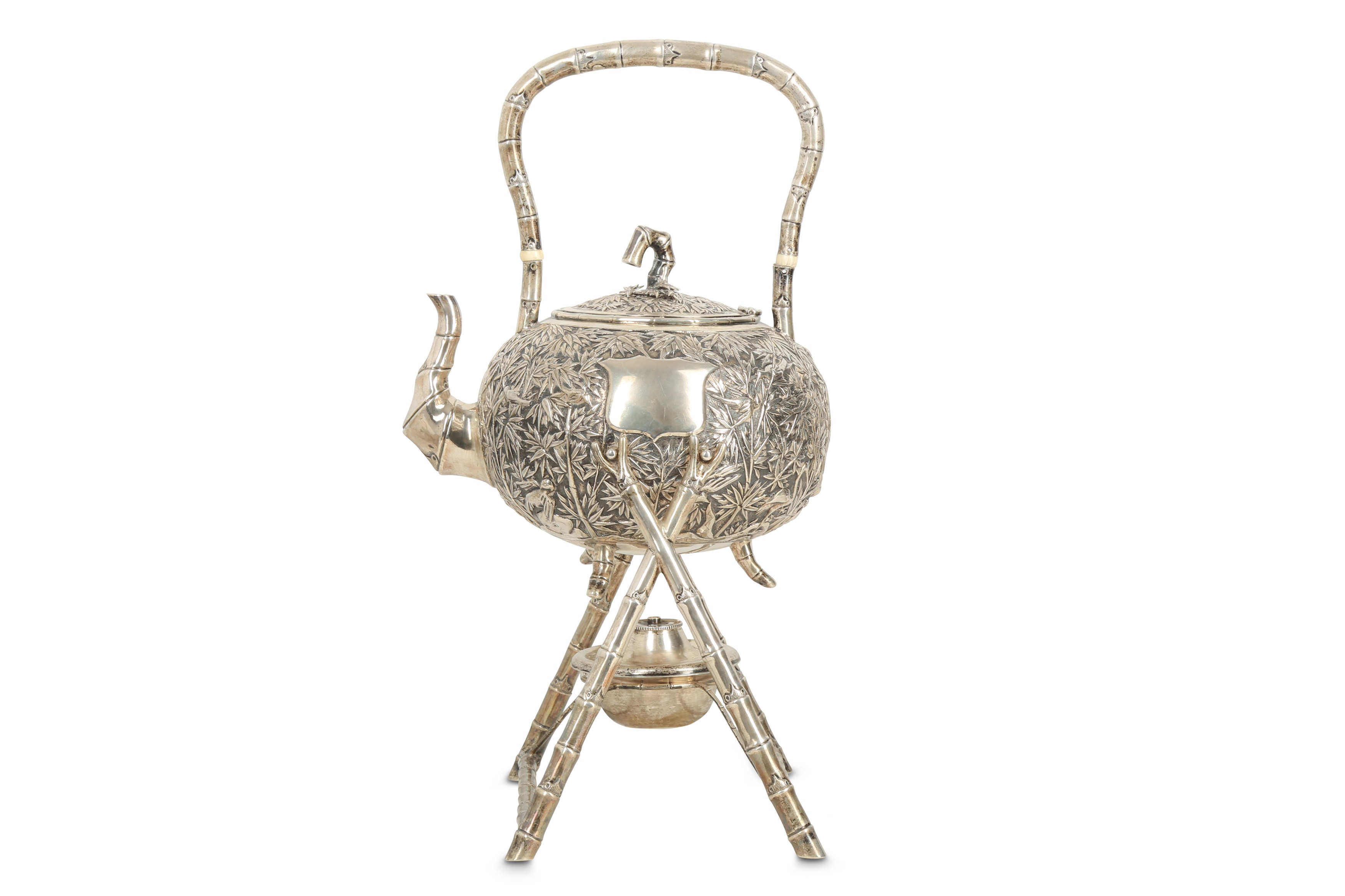 Lot 149 - A CHINESE SILVER ‘BAMBOO’ KETTLE, STAND AND