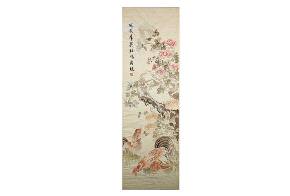 Lot 952 - A CHINESE EMBROIDERED SILK 'CHICKENS' PANEL.