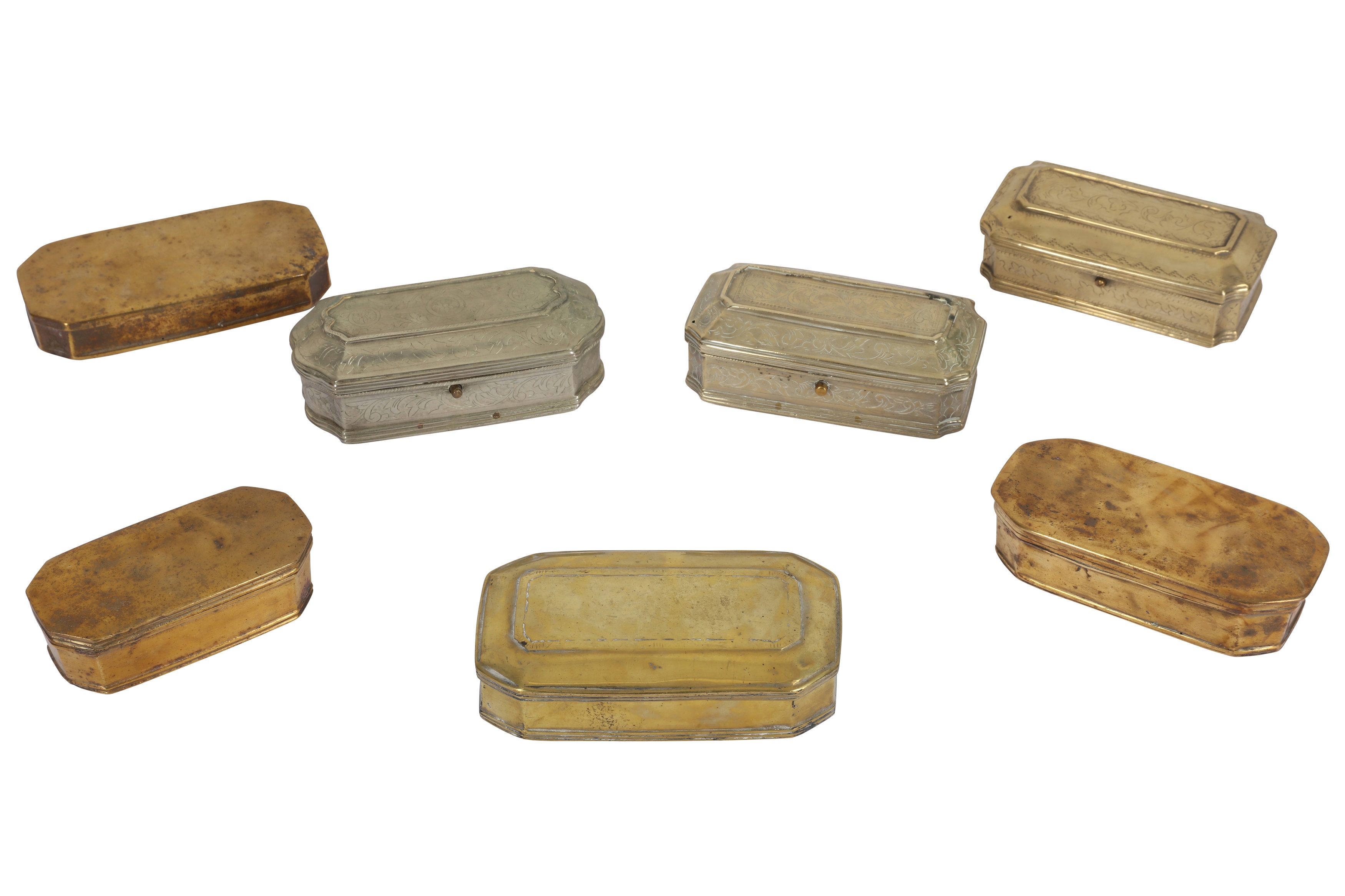 Lot 352 - SEVEN OCTAGONAL BRASS PANDAN LIDDED BOXES