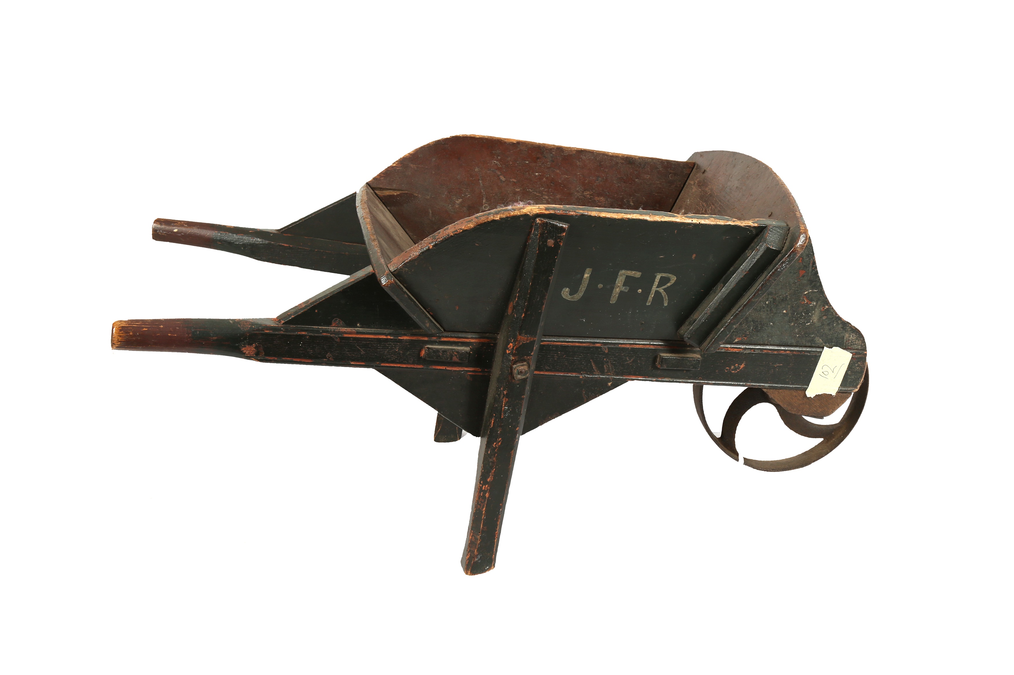 Lot 344 - A CHILD'S GREEN PAINTED PINE WHEELBARROW,