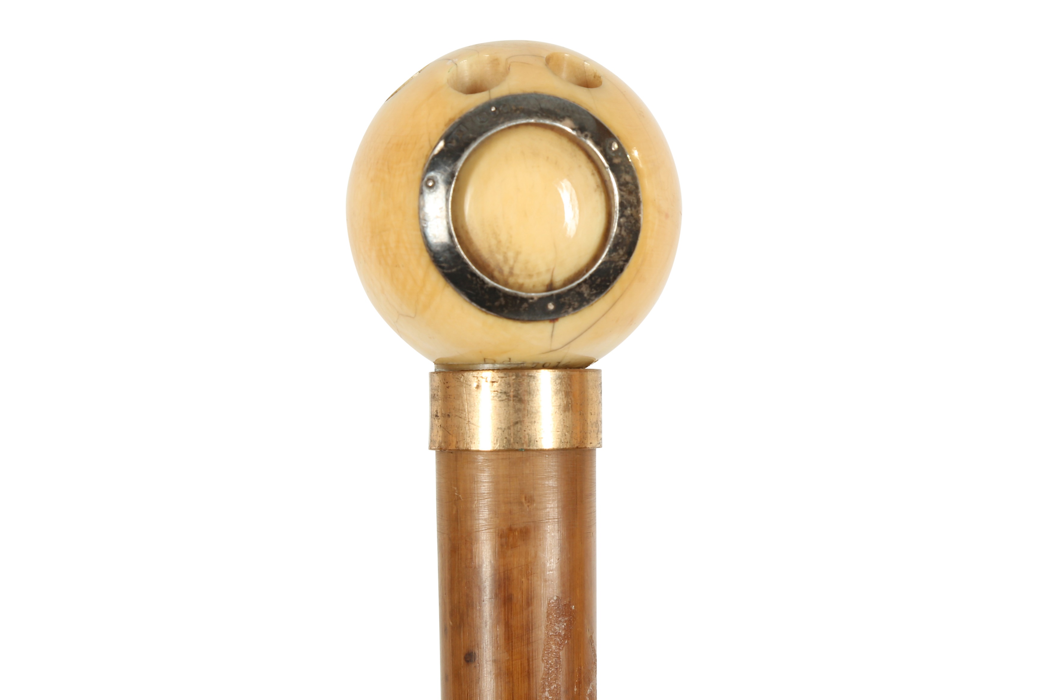 Lot 245 - A WALKING CANE WITH AN IVORY SNOOKER BALL