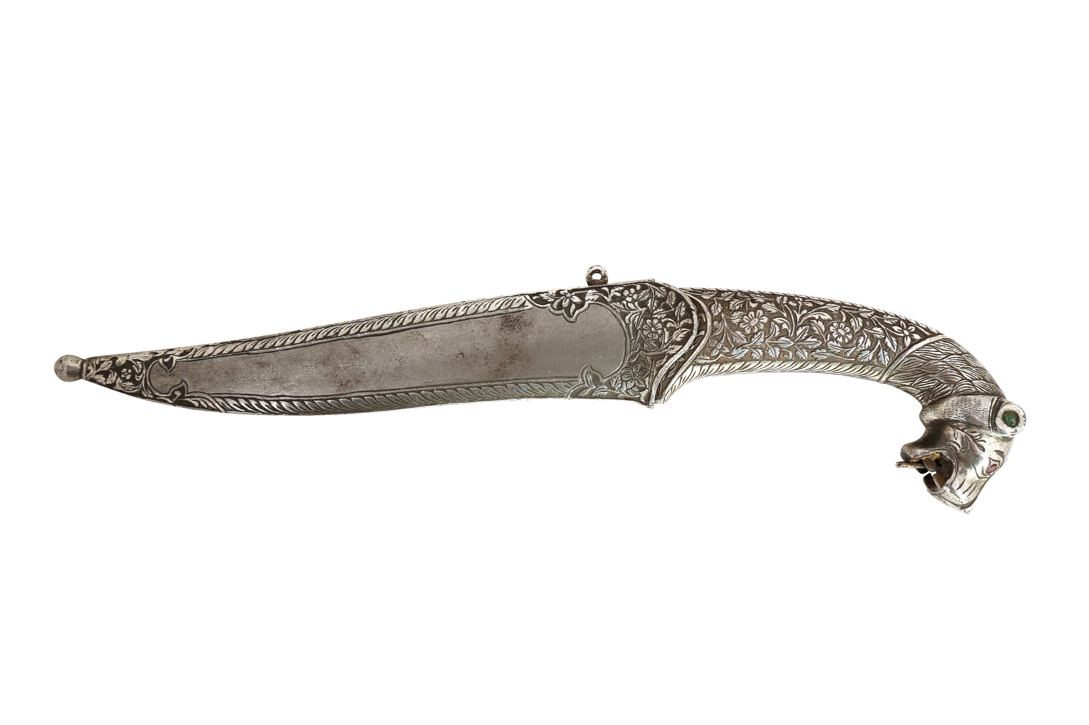 Lot 133 - A SILVER-INLAID LION-HEADED STEEL DAGGER