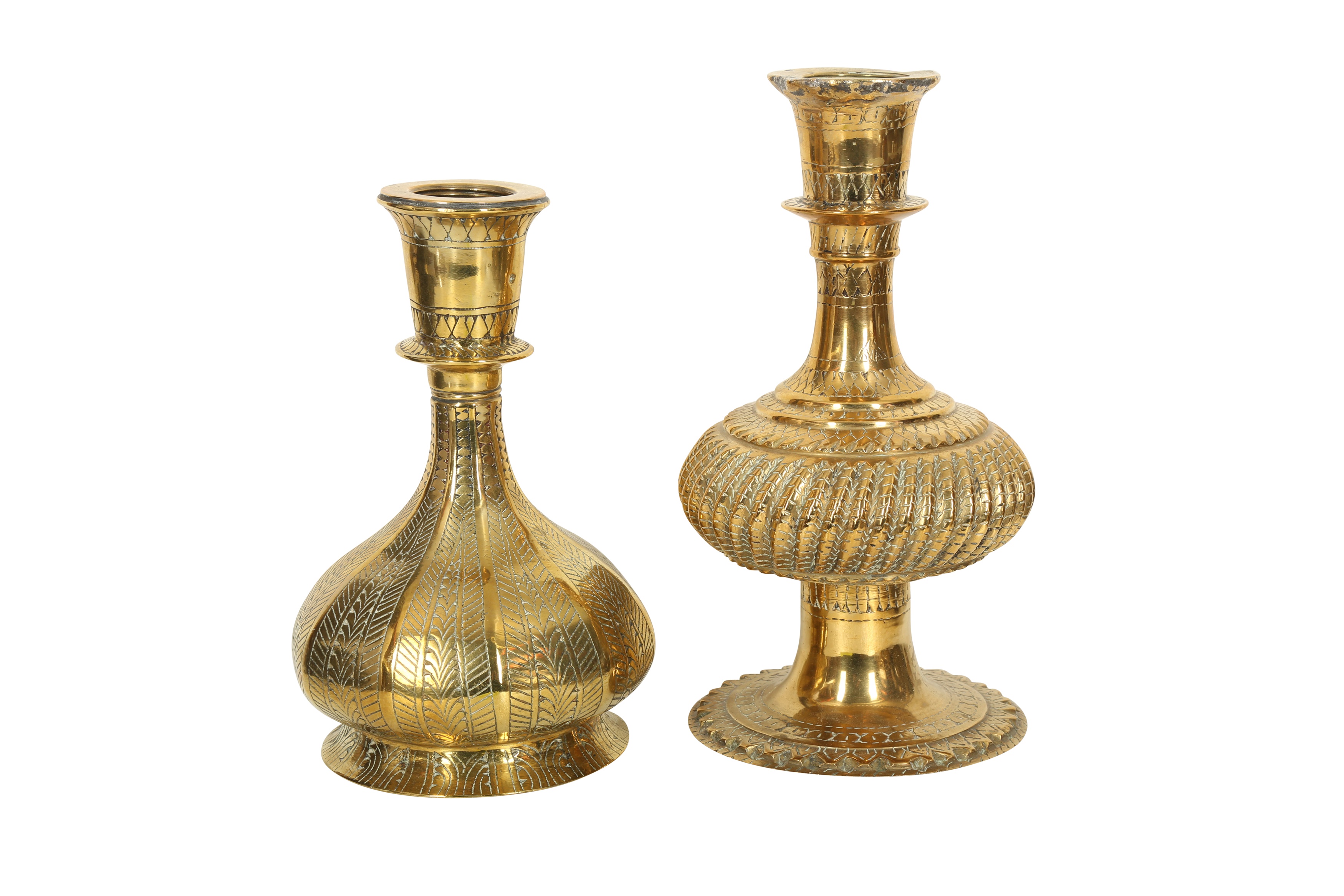 Lot 178 - TWO ENGRAVED BRASS HUQQA BASES