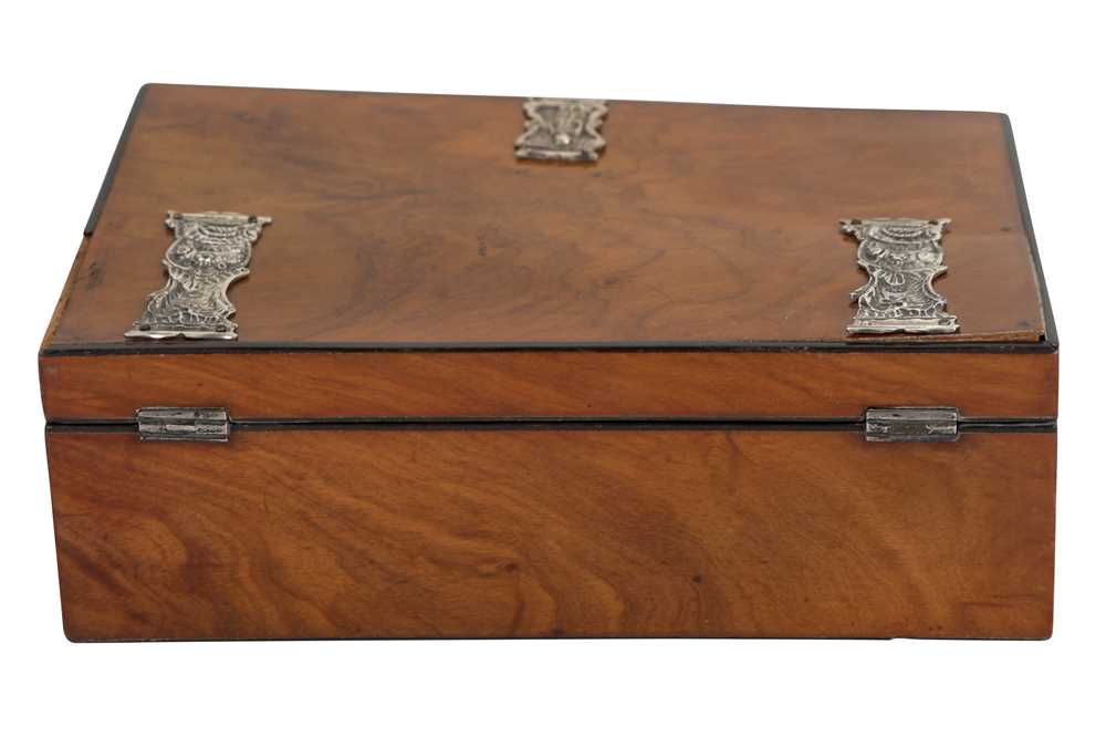 Lot 226 - A WALNUT AND SILVER MOUNTED CARD BOX, 19TH
