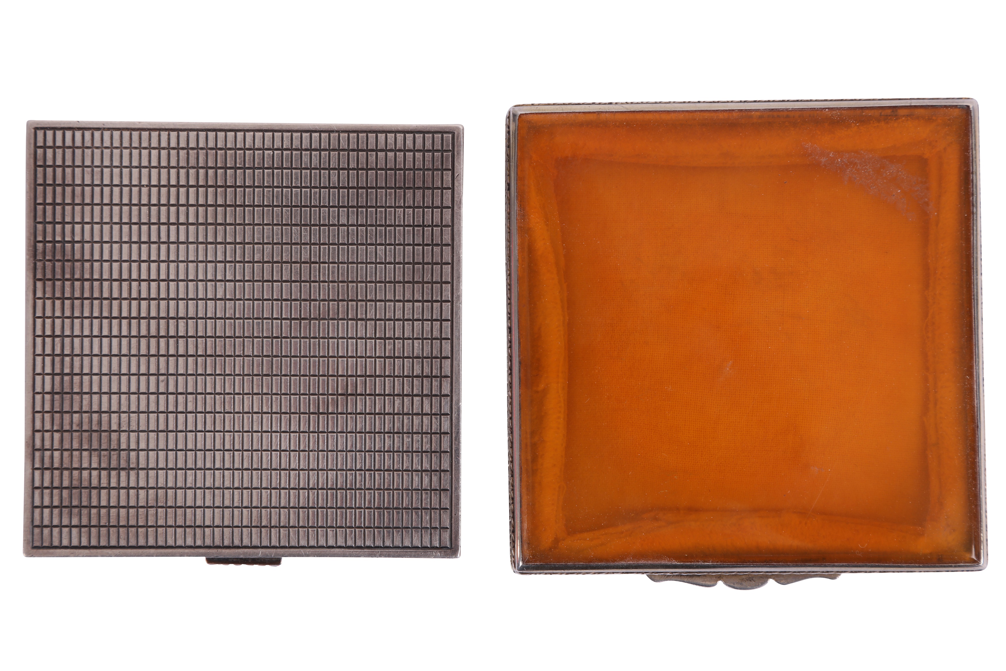 Lot 200 - A SQUARE WHITE METAL COMPACT, 20TH CENTURY