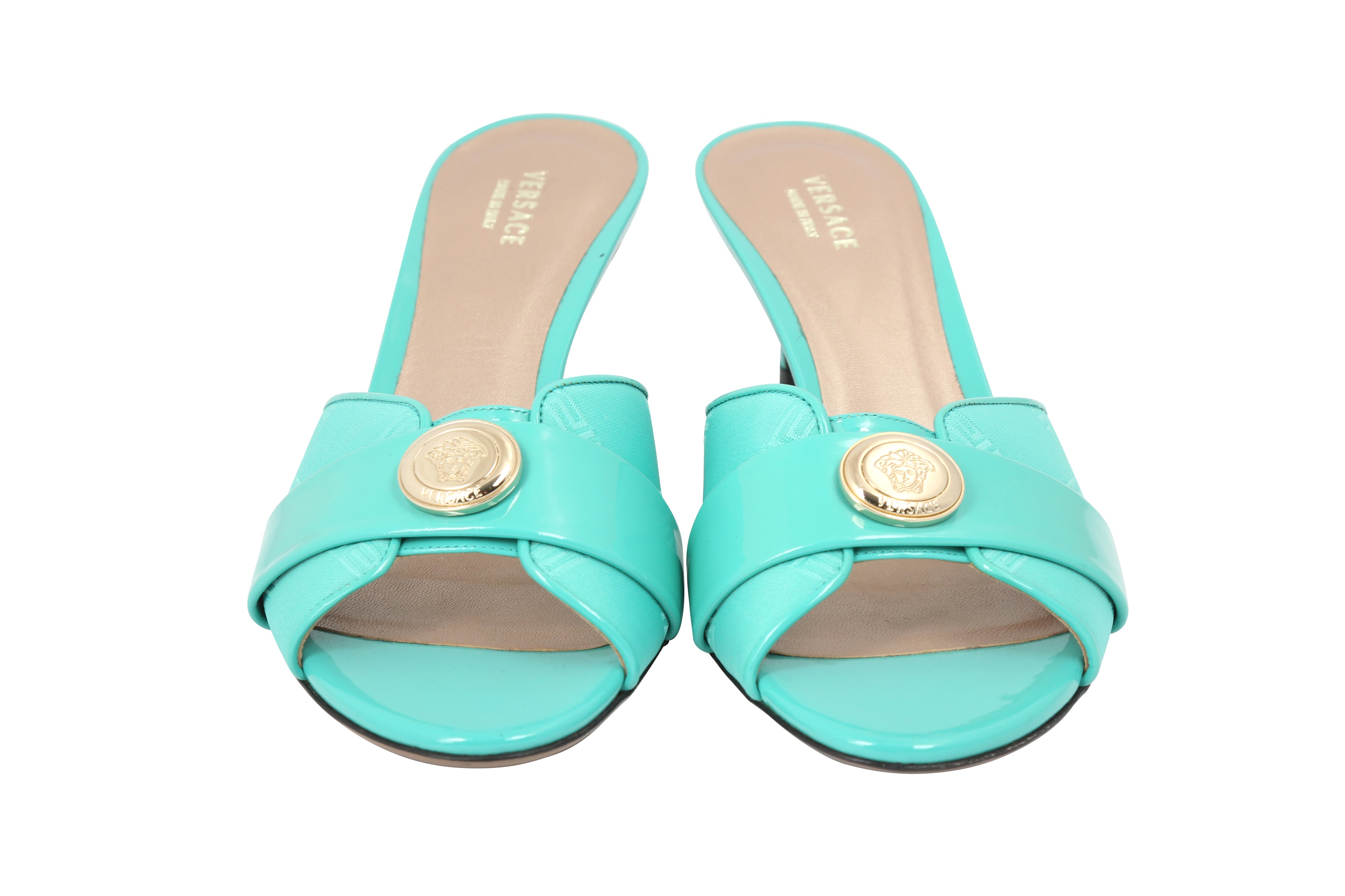 Lot 142 - Versace Aqua Logo Kitten Heel Mules - Size