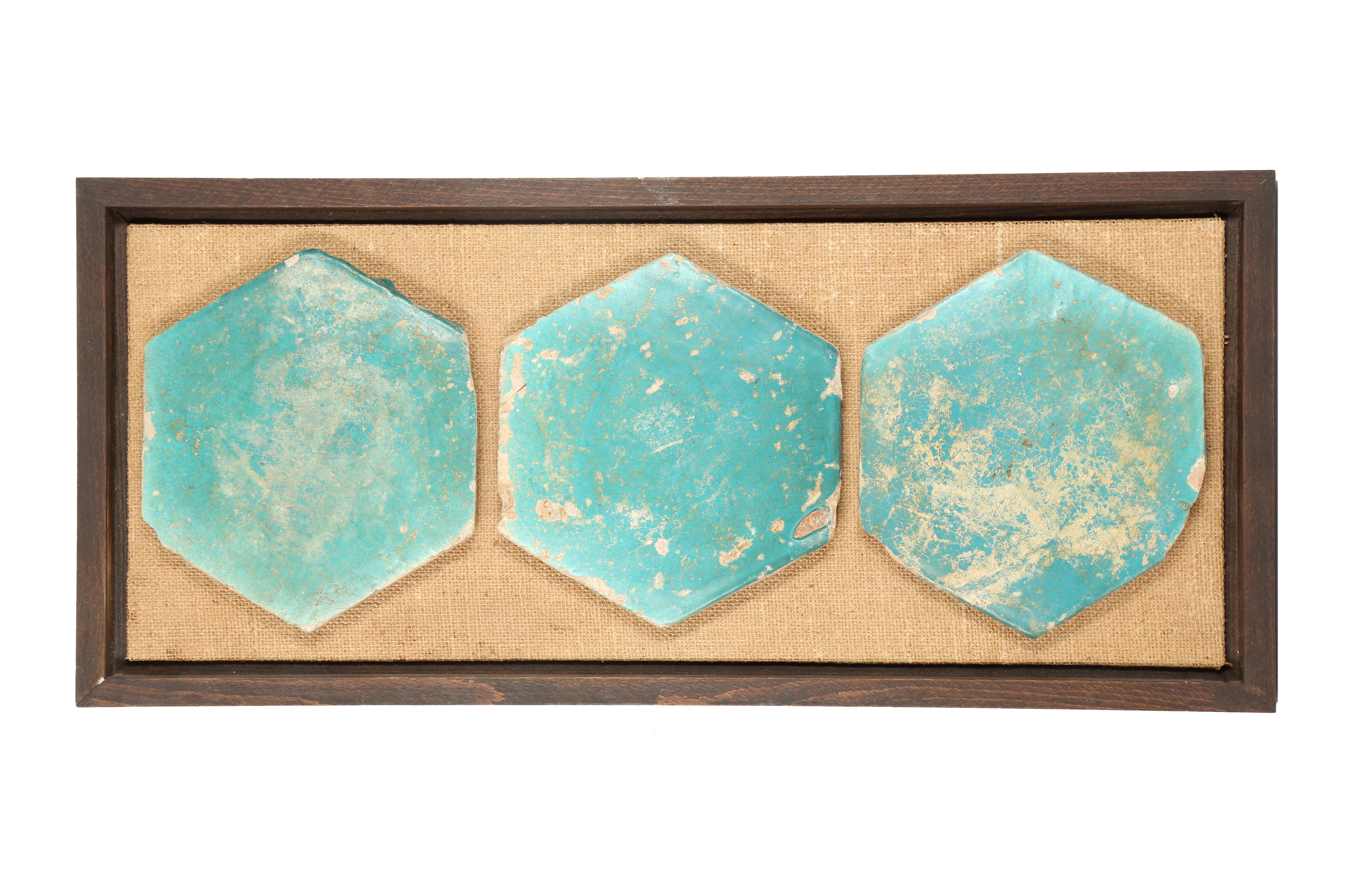 Lot 278 - FIVE HEXAGONAL TURQUOISE POTTERY TILES