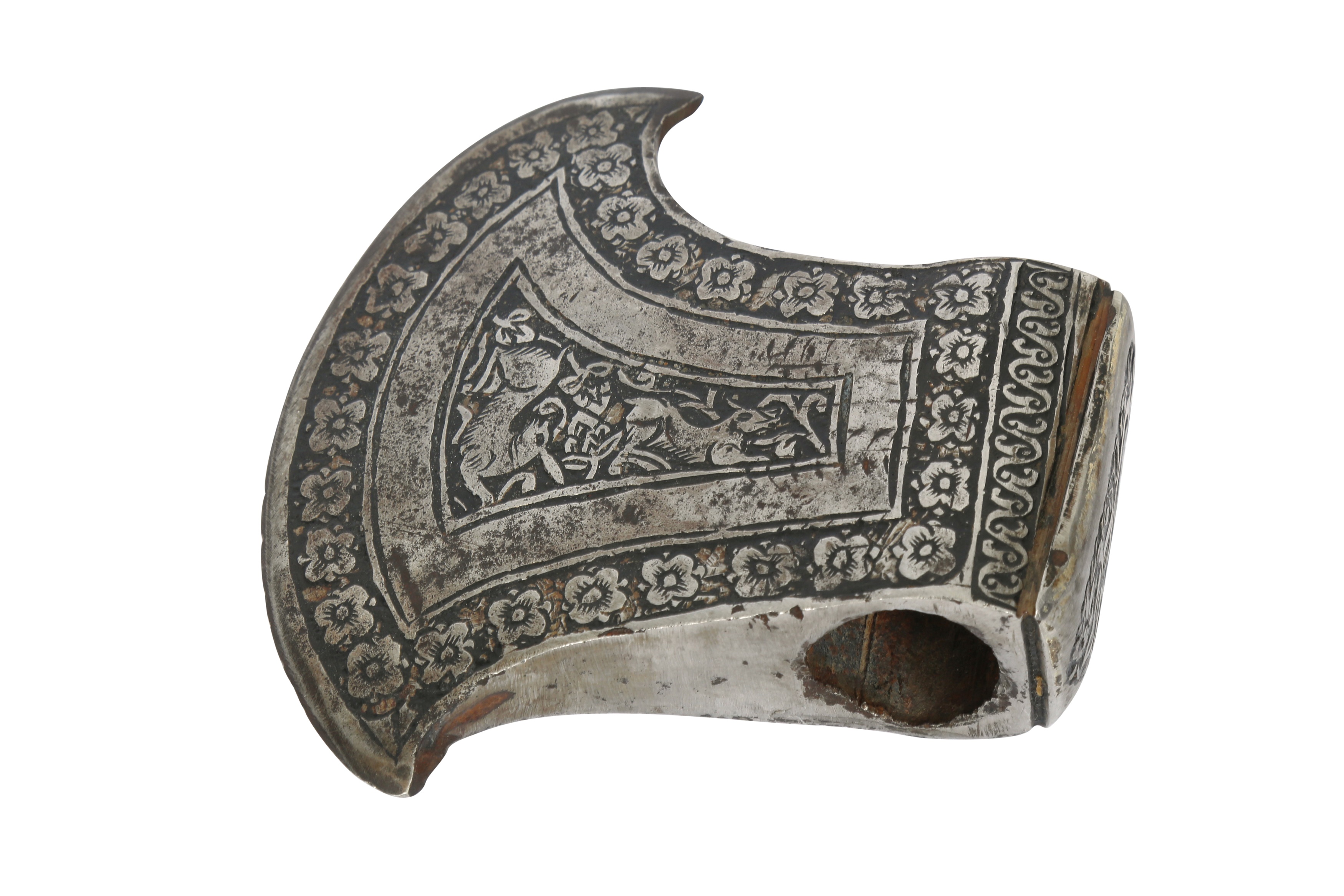 Lot 252 - AN ENGRAVED STEEL AXE HEAD (TABARZIN)