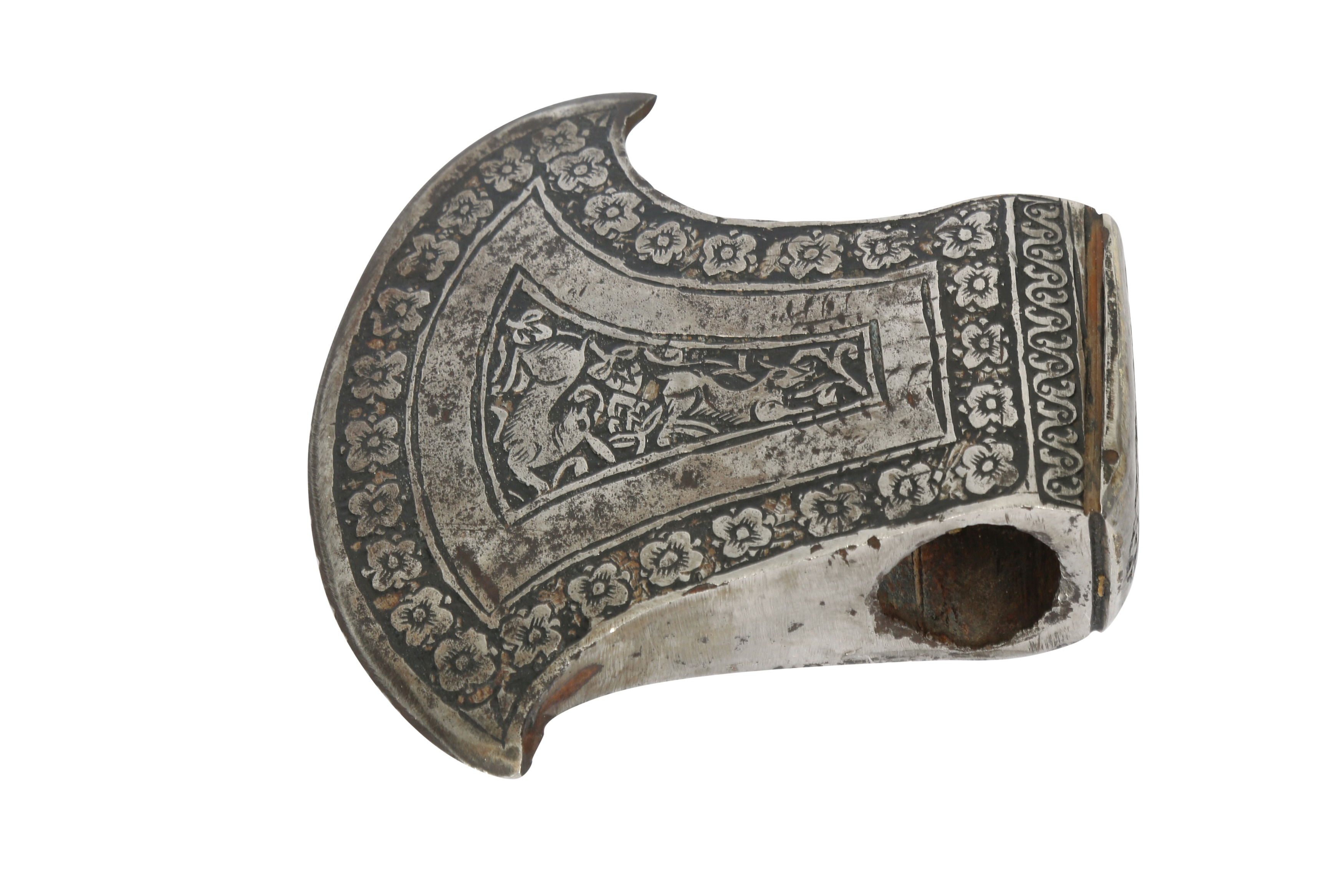 Lot 252 - AN ENGRAVED STEEL AXE HEAD (TABARZIN)