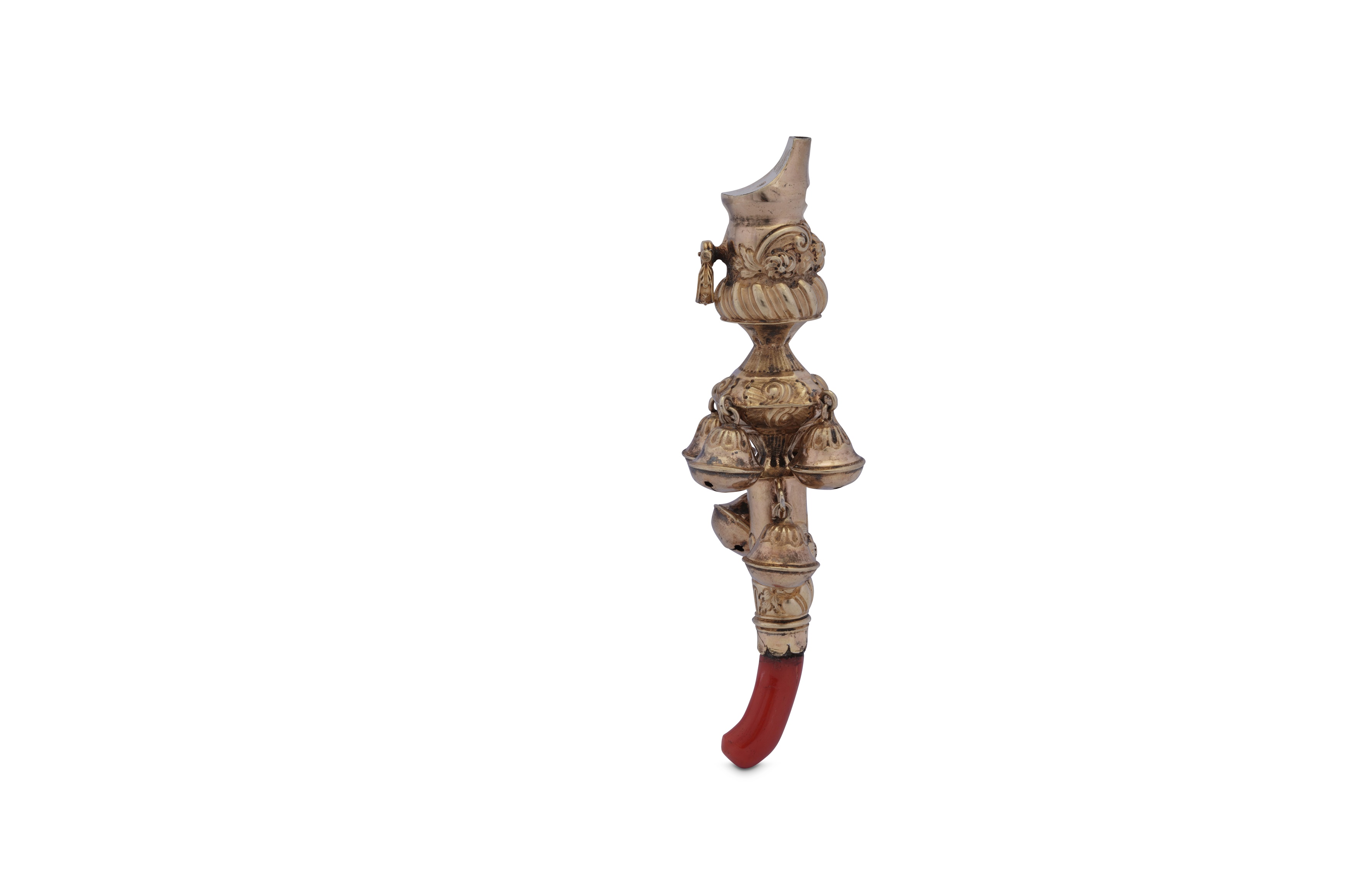 Lot 19 - A George II / III silver gilt baby’s rattle,