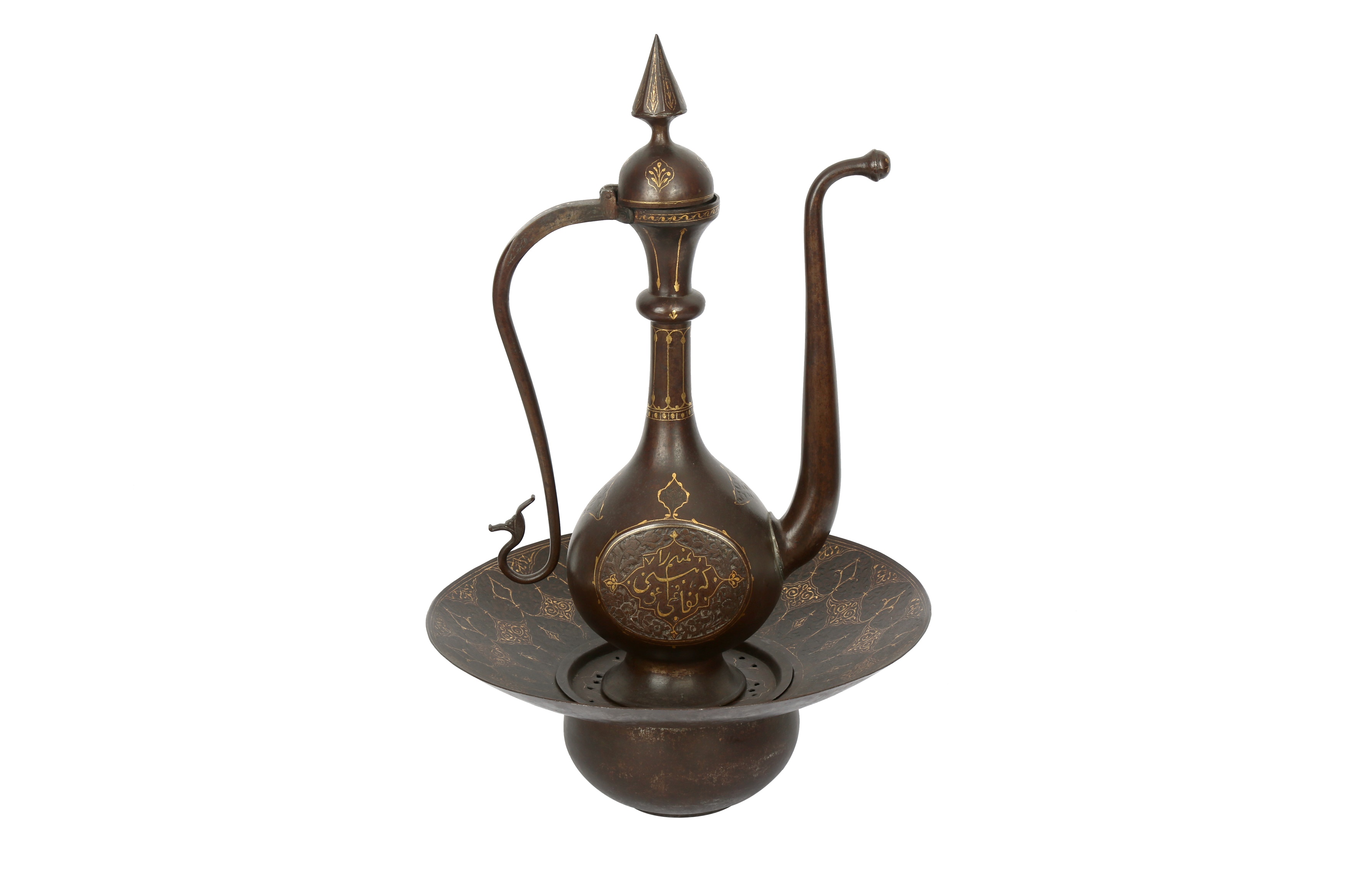 Lot 290 - A GOLD-DAMASCENED STEEL EWER AND BASIN