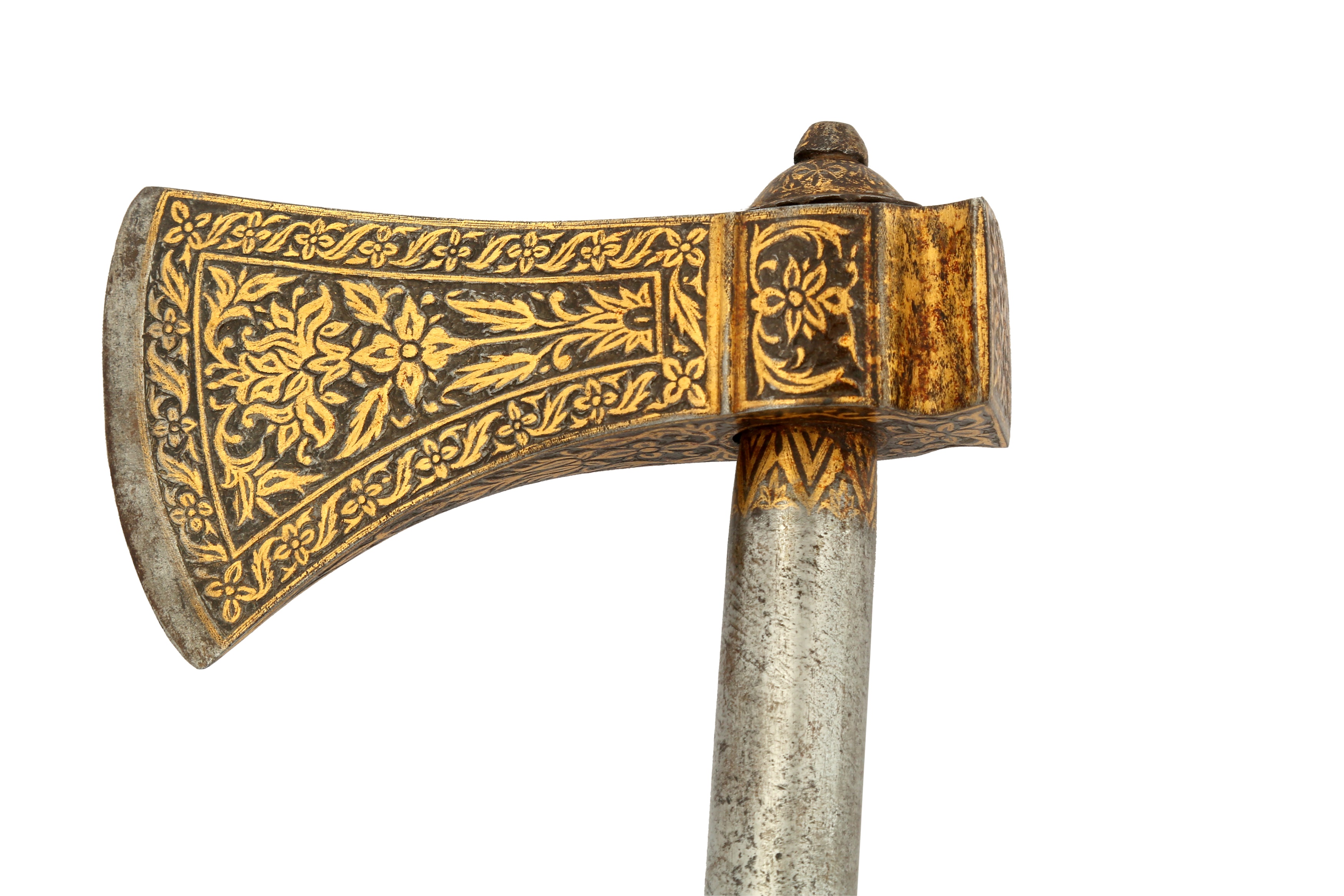 Lot 152 - A PERSIAN CEREMONIAL STEEL AXE WITH