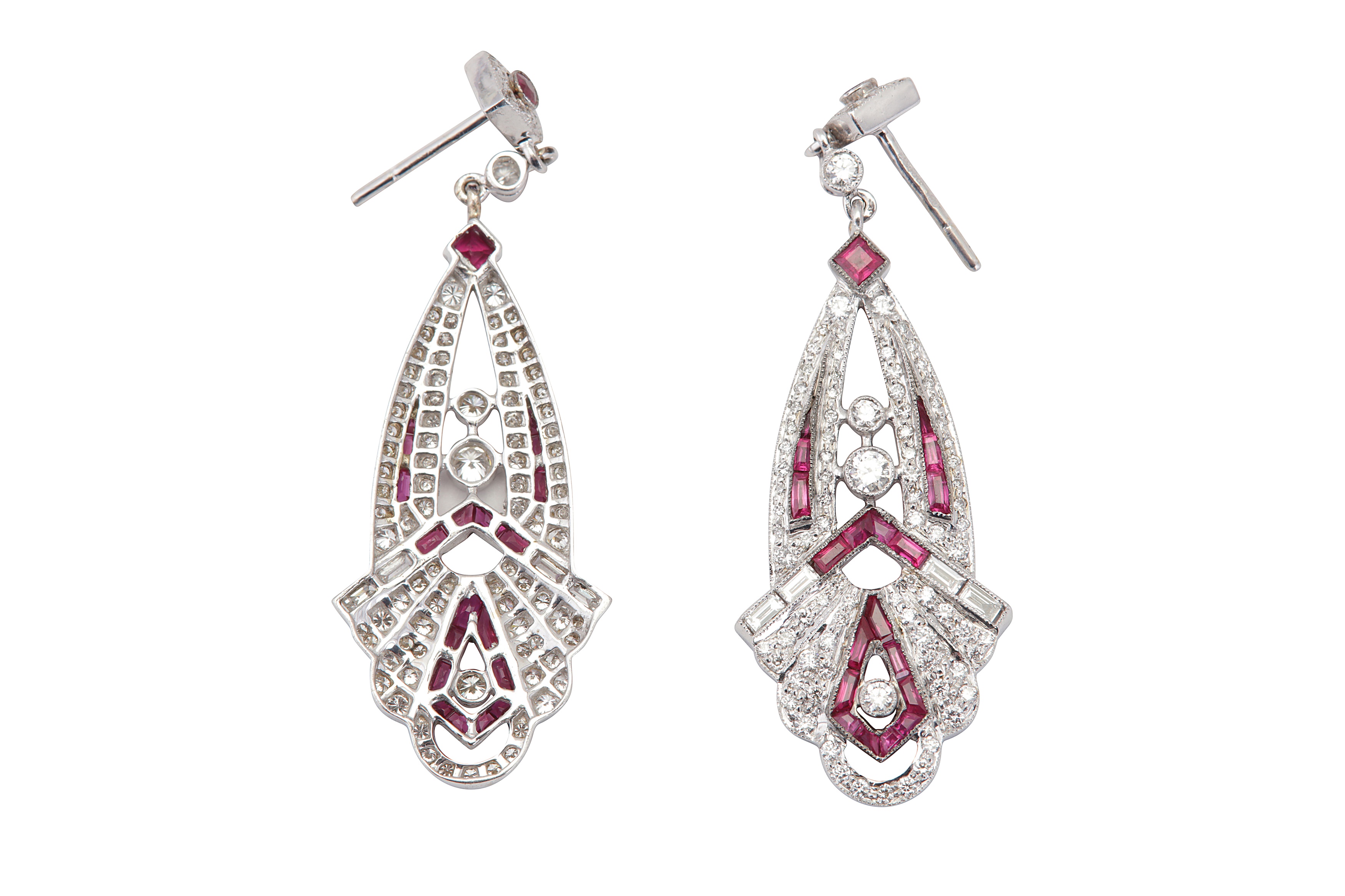 Lot 104 - A pair of diamond and ruby pendent earrings