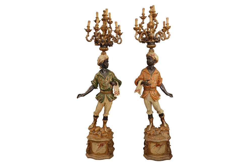 Lot 374 - A PAIR OF CARVED AND PAINTED WOOD BLACKAMORE