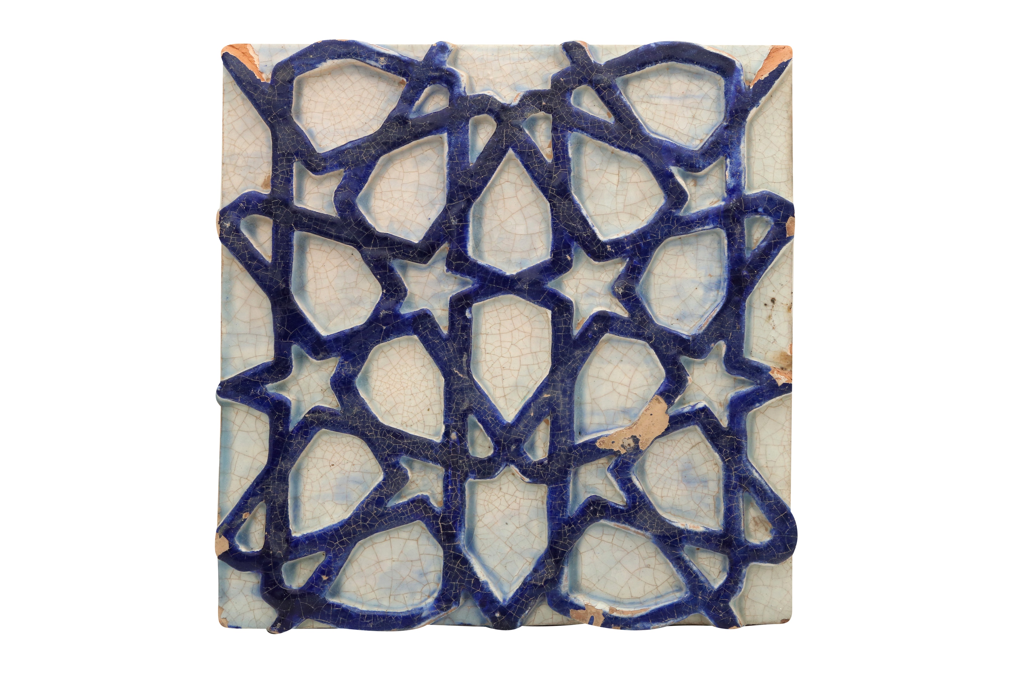Lot 485 - A MOULDED POTTERY TILE WITH A GEOMETRIC STAR