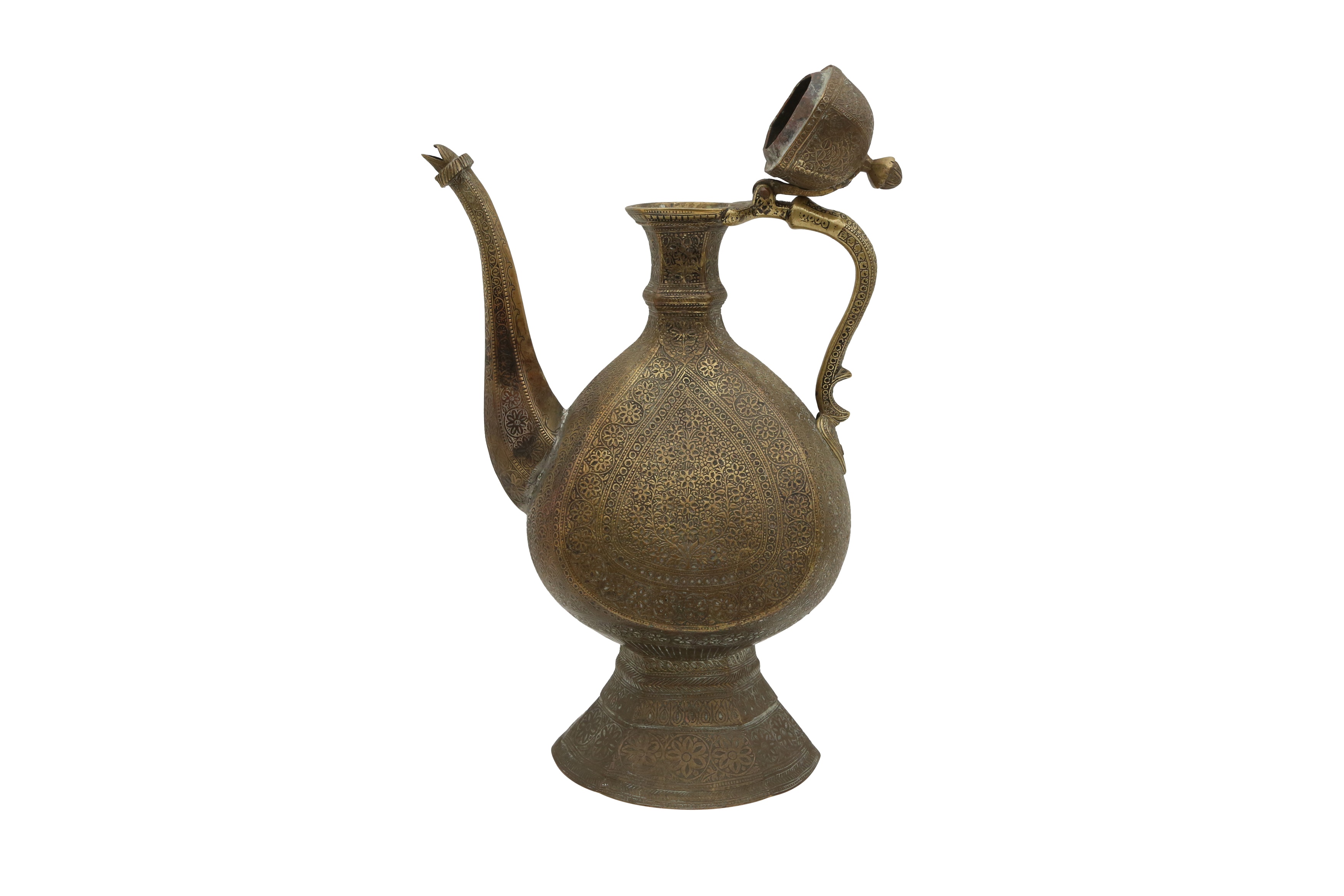 Lot 309 - AN ENGRAVED BRASS SPOUTED EWER WITH BLACK