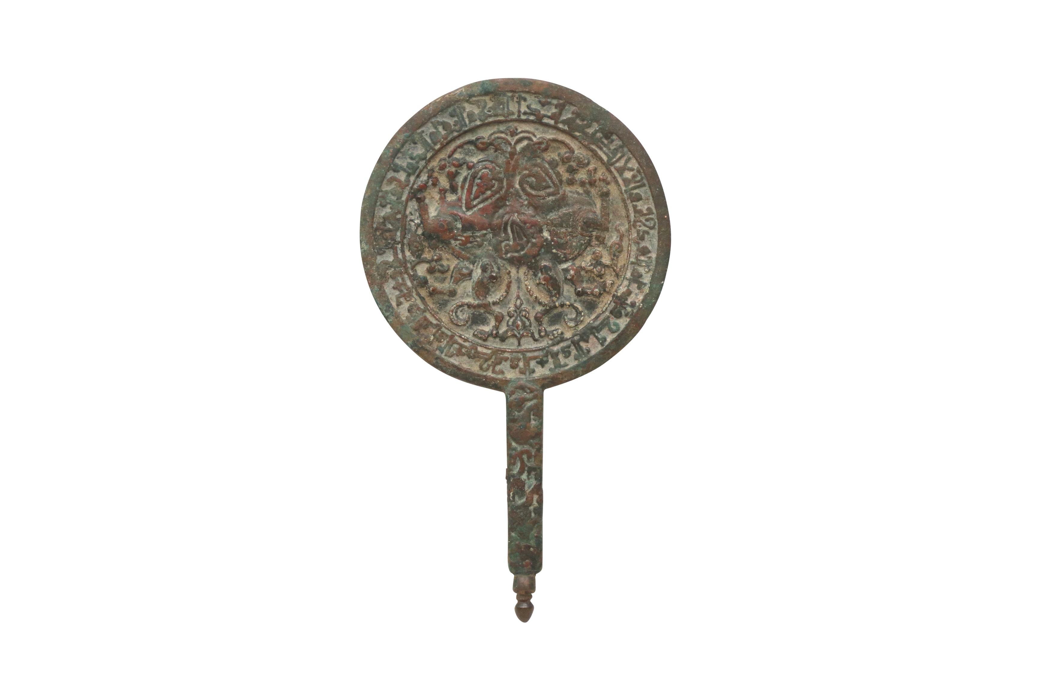 Lot 539 - A SELJUK CAST BRONZE MIRROR WITH SPHINXES