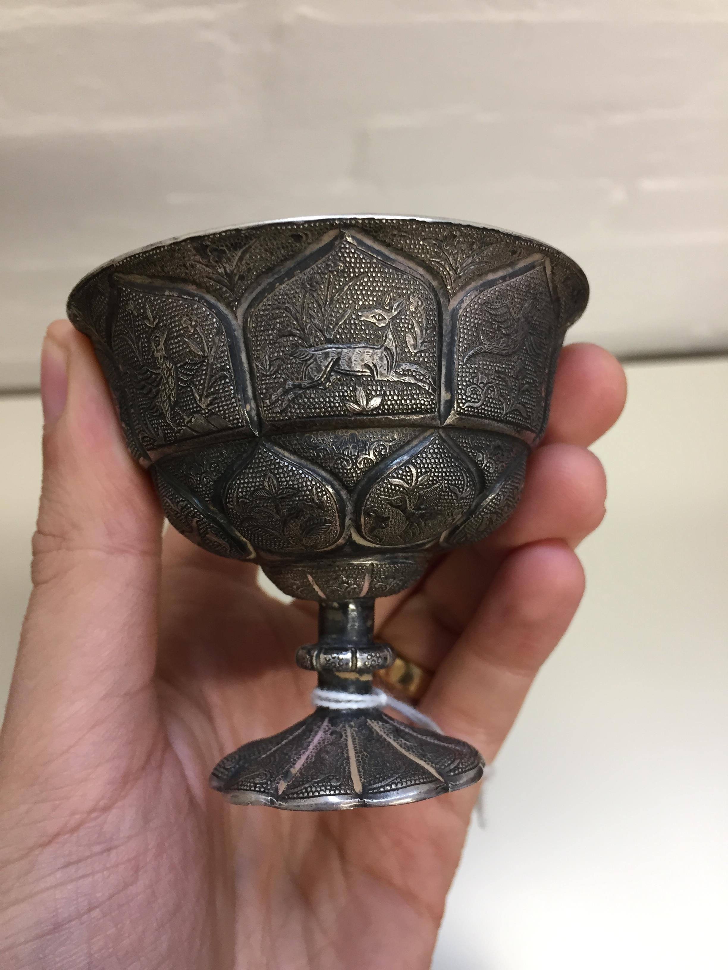 Lot 11 - A RARE CHINESE SILVER 'GAME' STEM CUP
