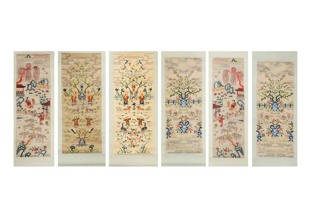 Lot 741 - A GROUP OF SIX CHINESE EMBROIDERED HANGING
