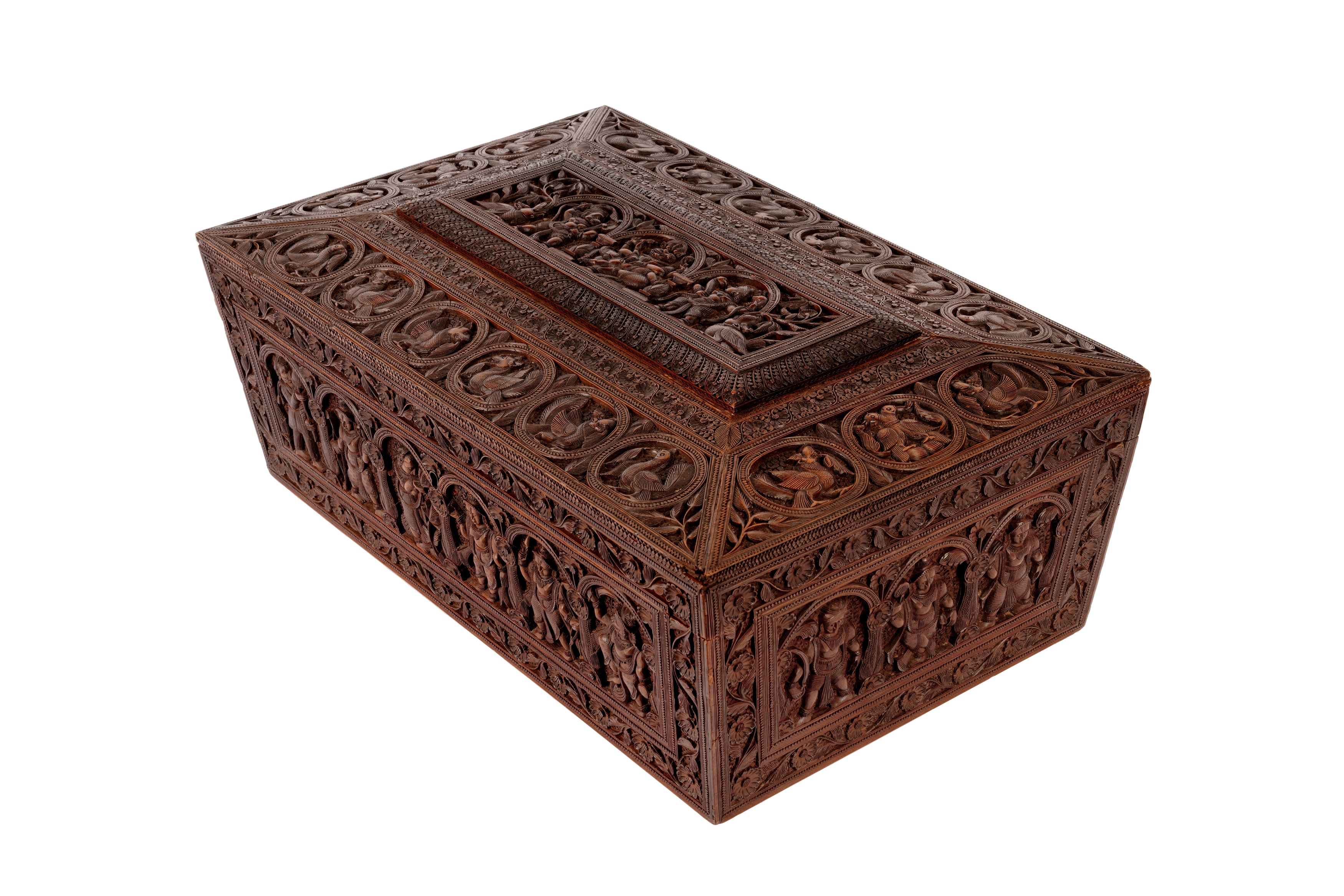 Lot 249 - A FINELY CARVED SANDALWOOD BOX WITH VISHNU'S