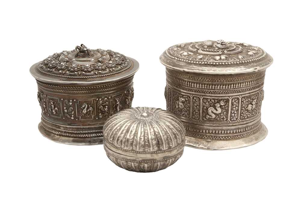 Lot 370 - BURMA - THREE BURMESE SILVER BETEL BOXES