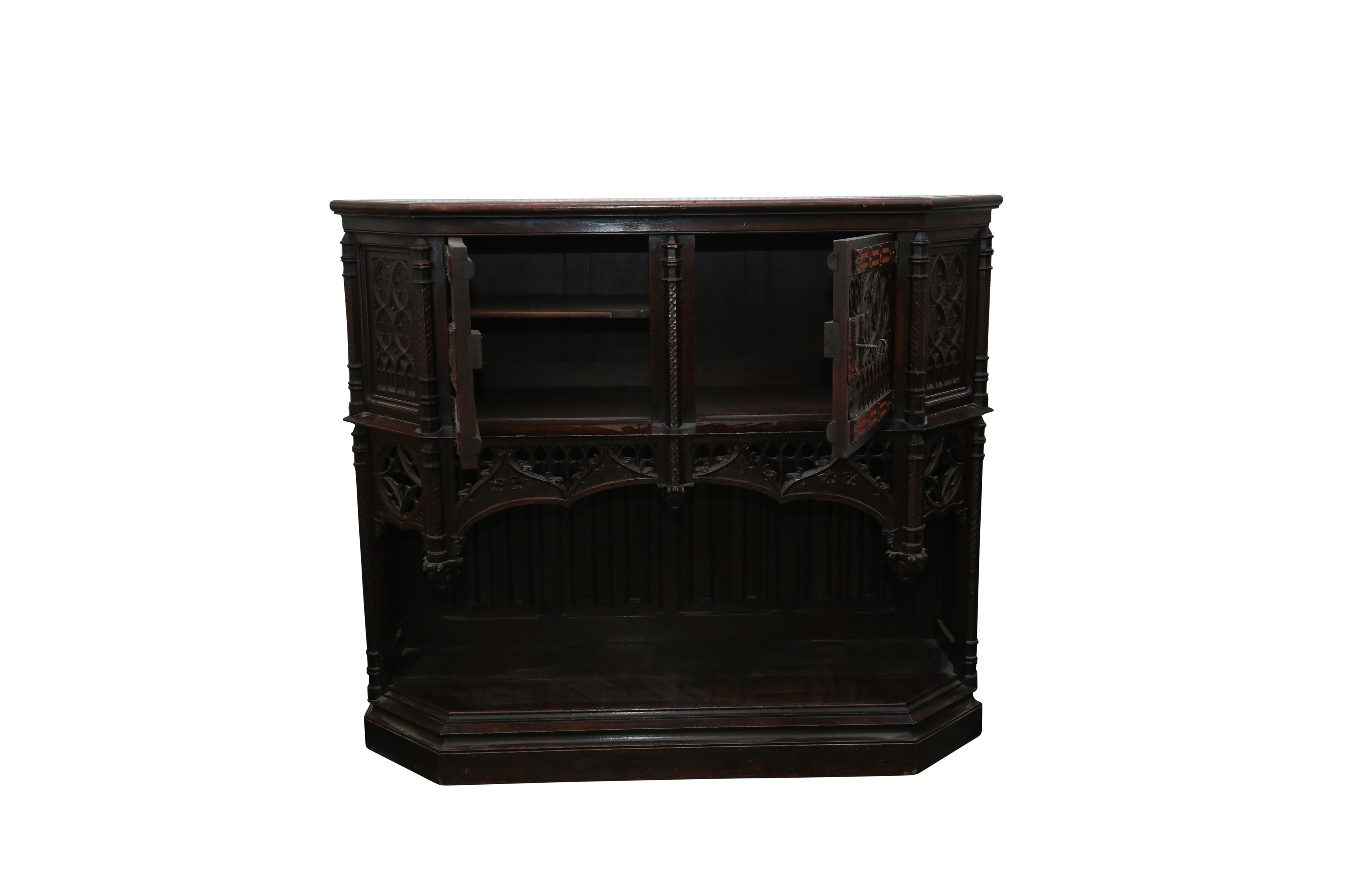 Lot 199 - AN OAK GOTHIC REVIVAL CREDENCE CUPBOARD,