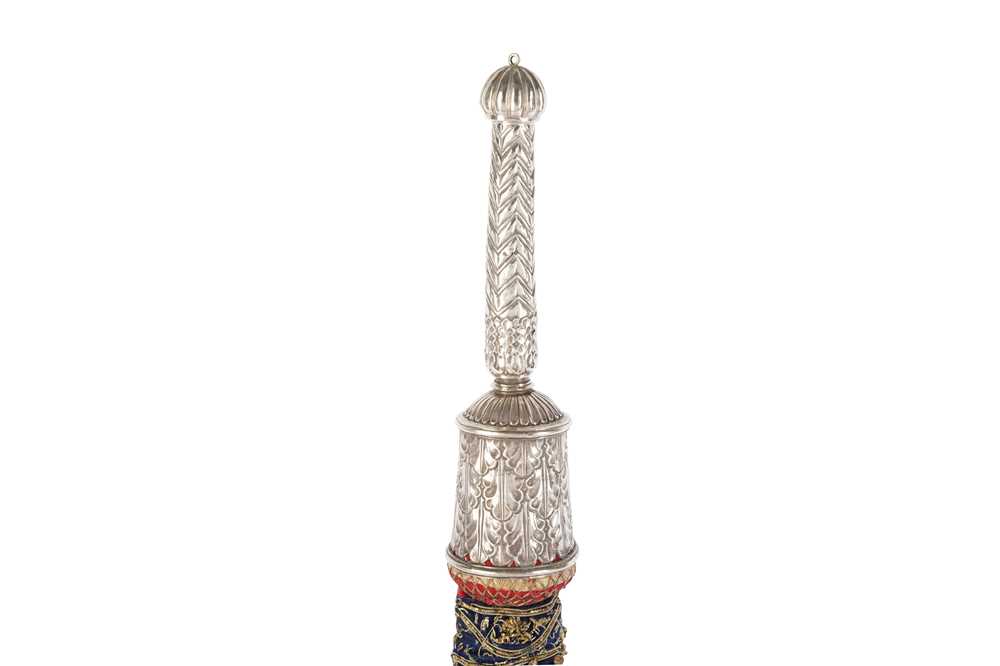 Lot 350 - A CEREMONIAL METAL THREAD-SEWN DARK BLUE