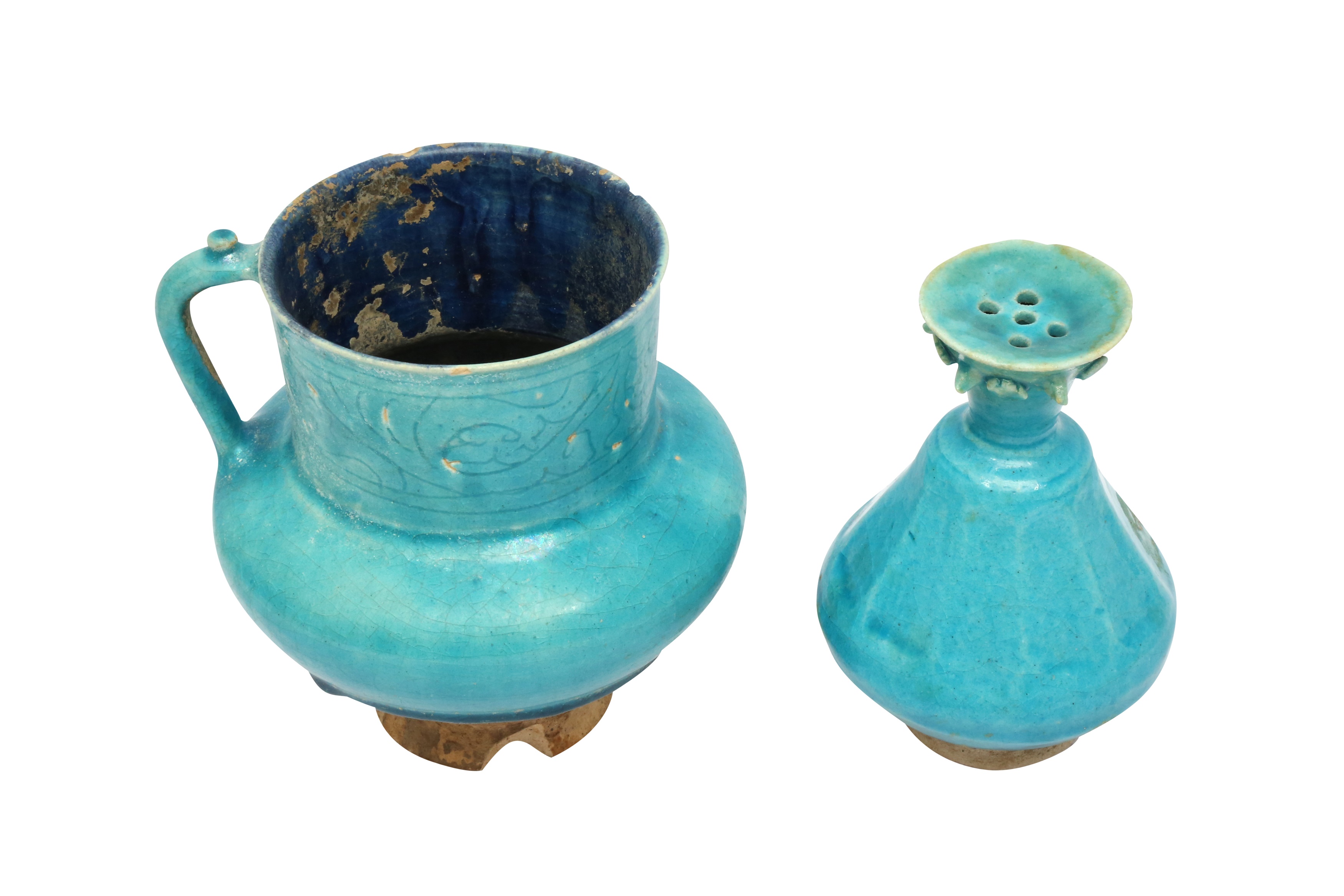 Lot 8 - A KASHAN TURQUOISE-GLAZED POTTERY JUG AND