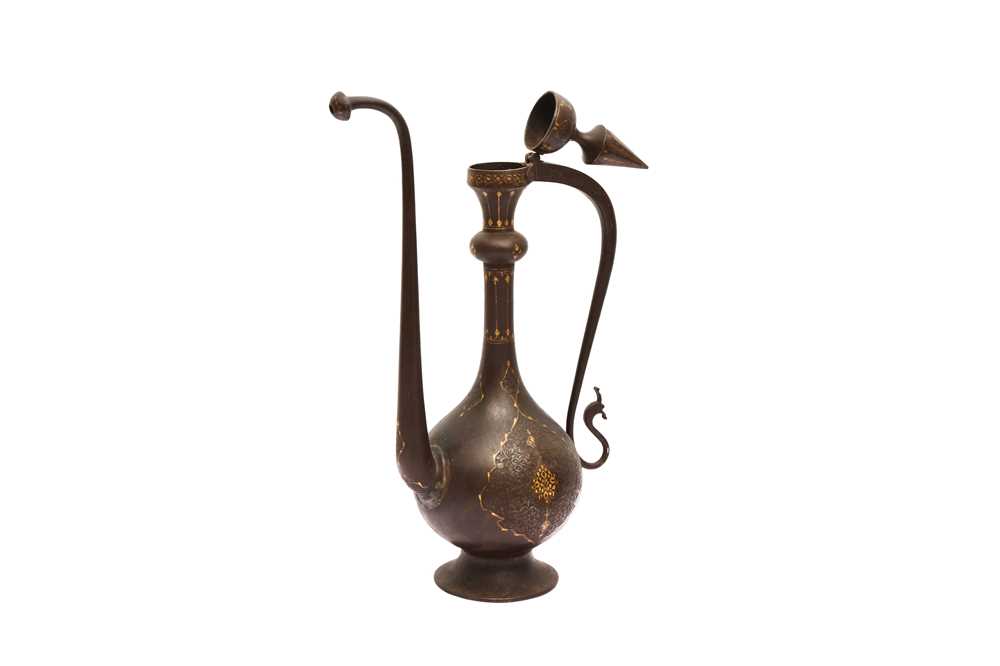 Lot 19 - A QAJAR GOLD-DAMASCENED STEEL EWER AND BASIN