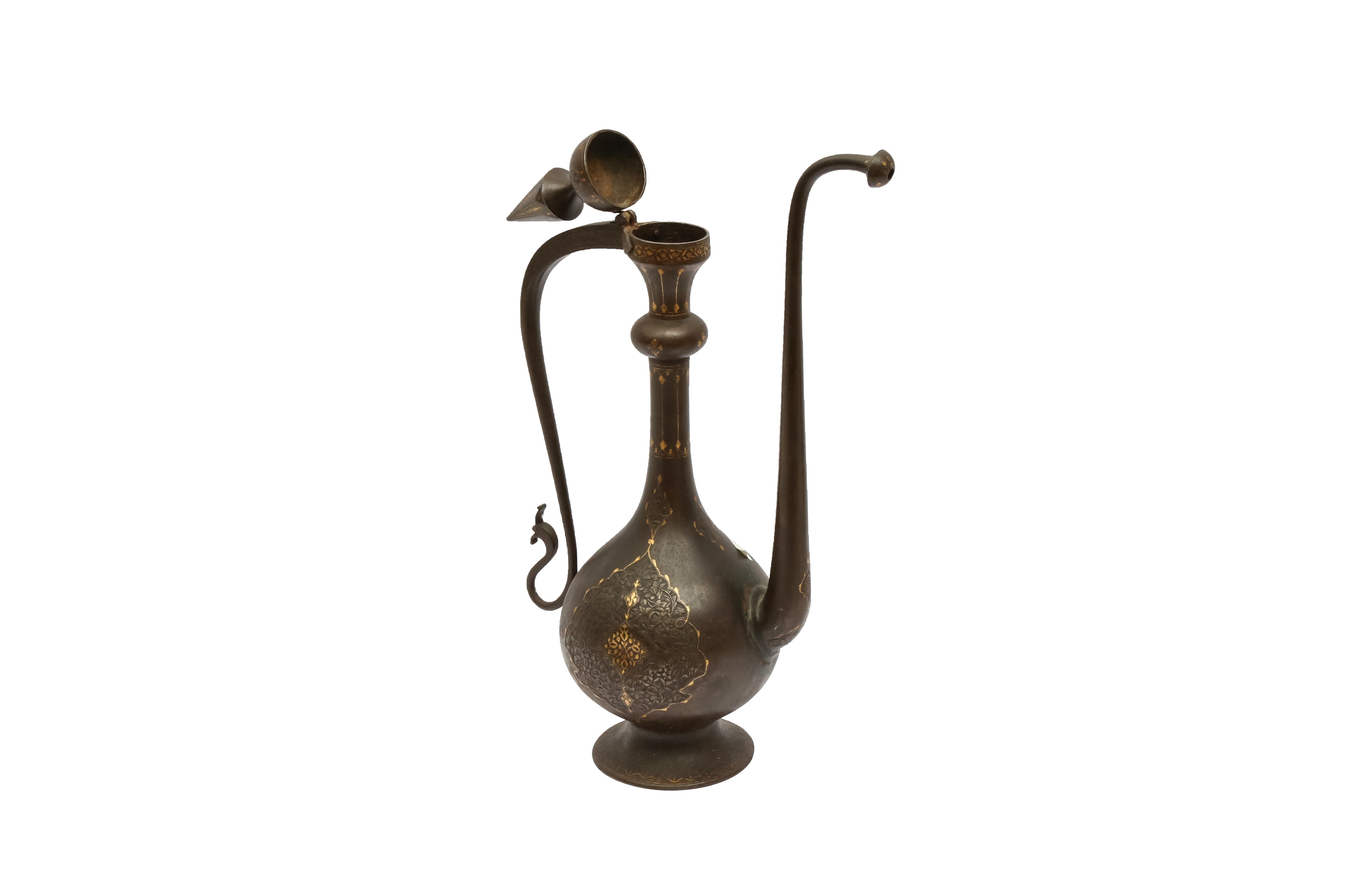 Lot 19 - A QAJAR GOLD-DAMASCENED STEEL EWER AND BASIN