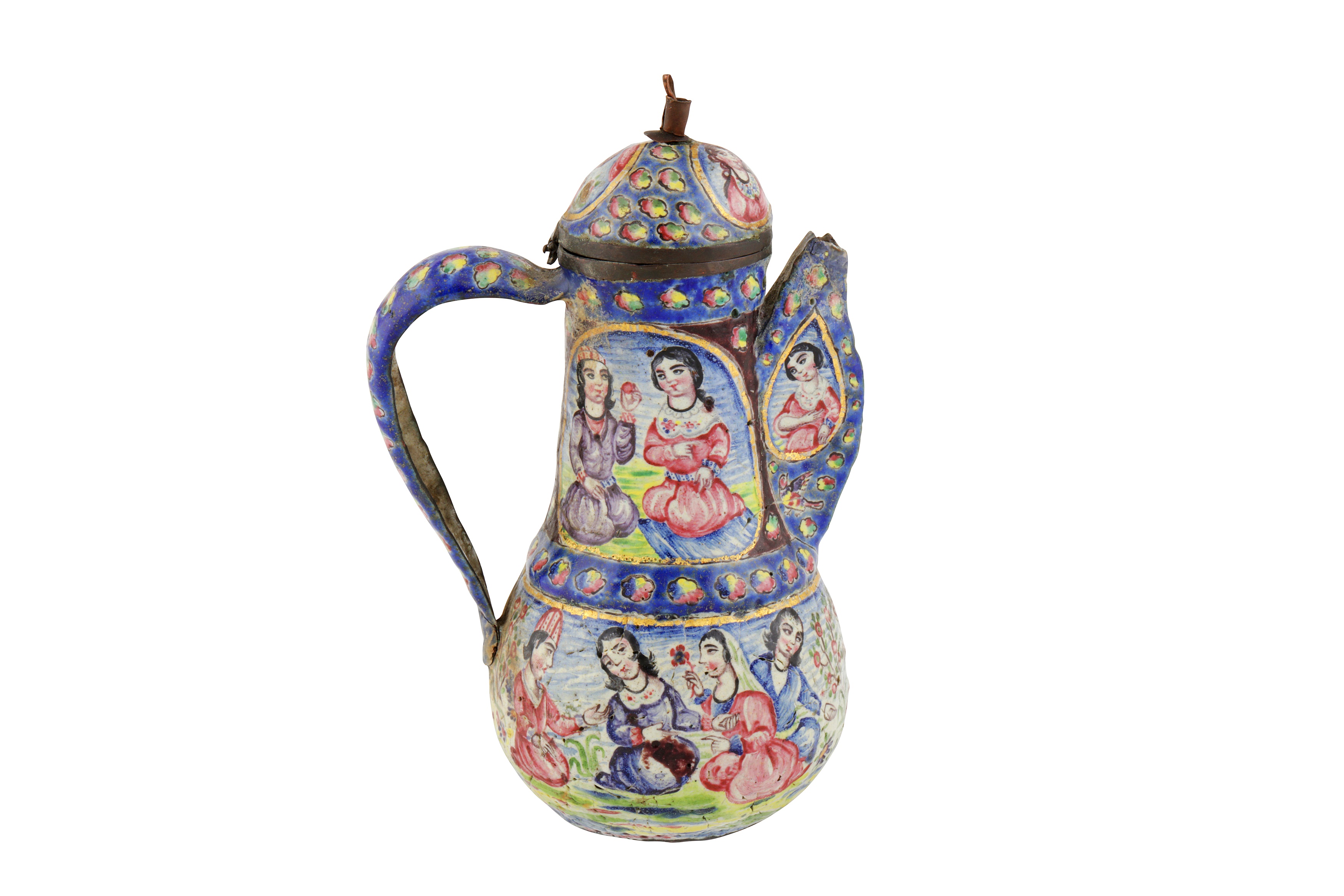 Lot 383 - A QAJAR POLYCHROME-PAINTED ENAMELLED LIDDED