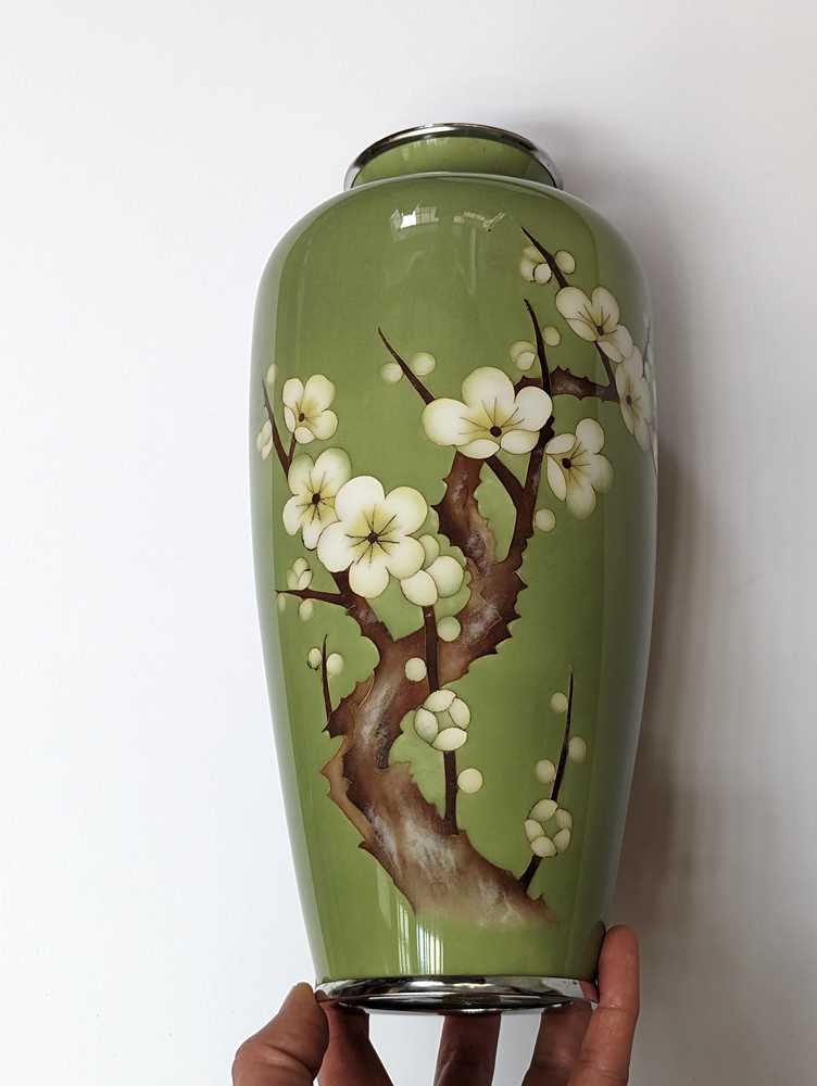 Lot 303 - A JAPANESE CLOISONNÉ ENAMEL 'PRUNUS' VASE