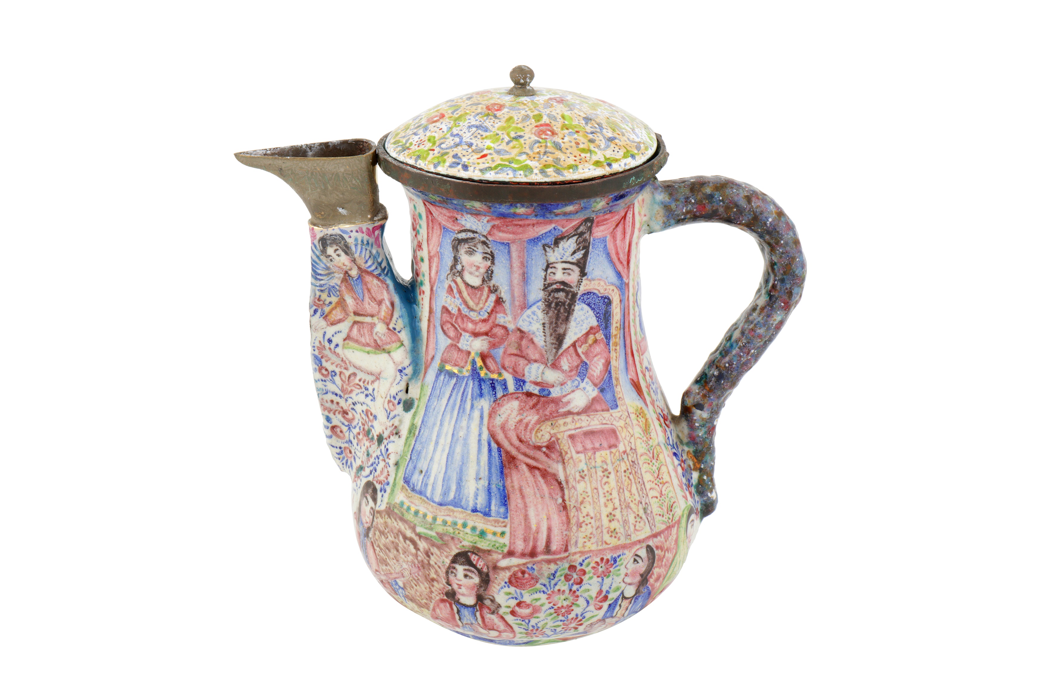 Lot 386 - A QAJAR POLYCHROME-PAINTED ENAMELLED LIDDED