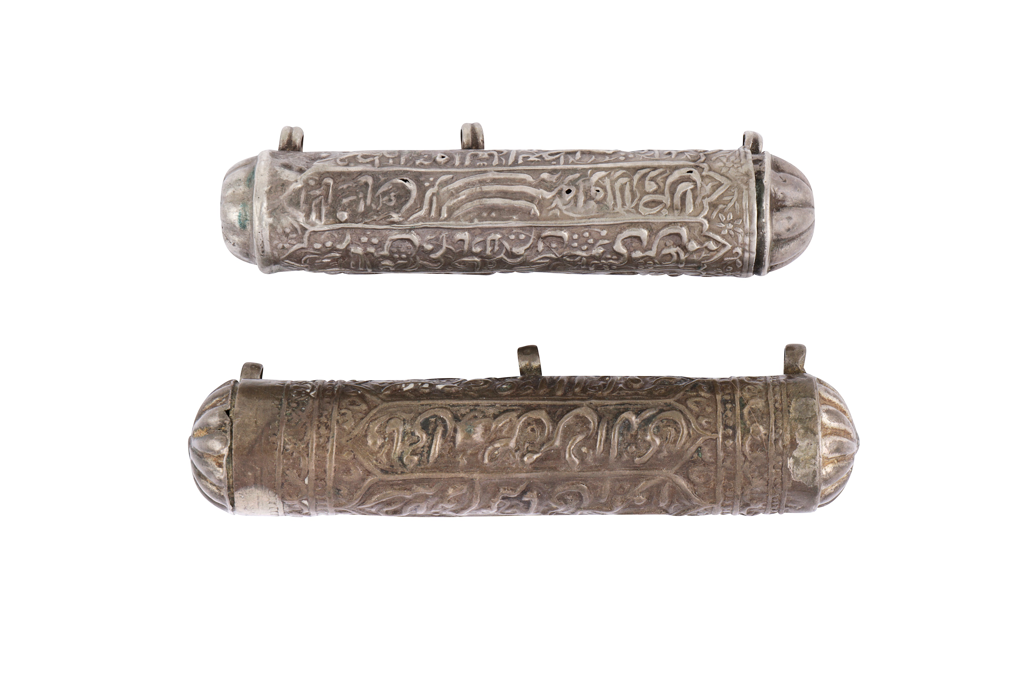 Lot 174 - A PRAYER SCROLL AND TWO CYLINDRICAL AMULET