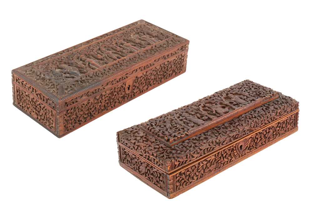 Lot 461 - TWO CARVED SANDALWOOD BOXES WITH HINDU