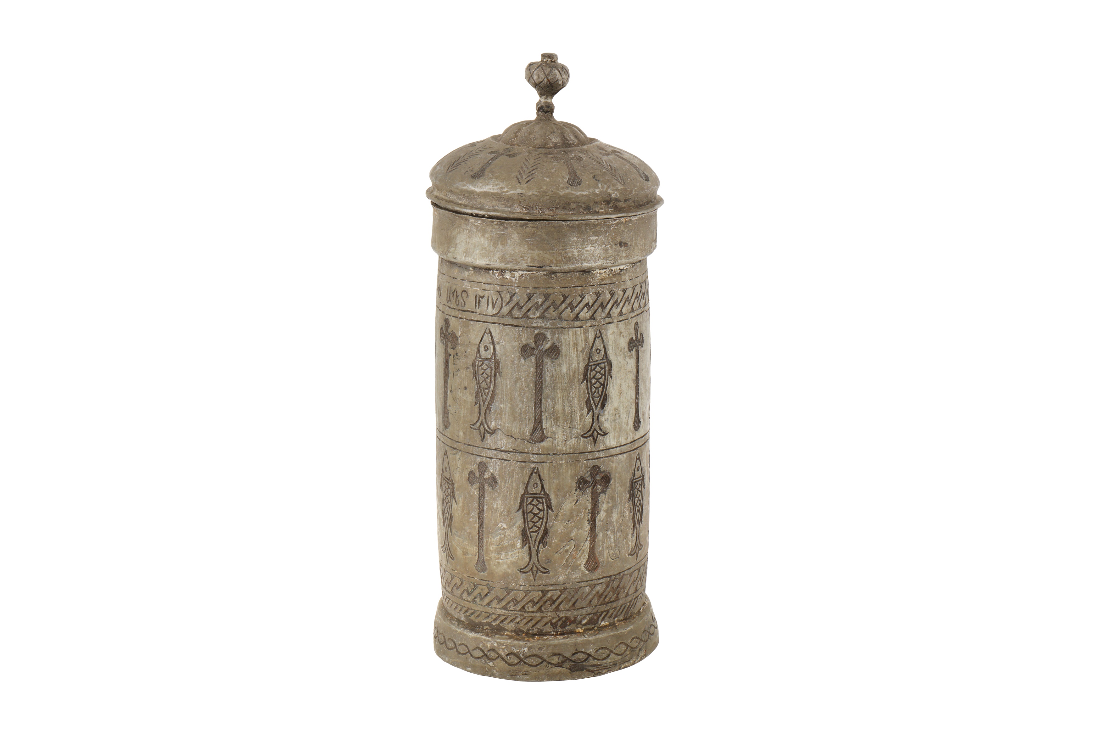 Lot 364 - AN ENGRAVED TINNED COPPER ARMENIAN CIBORIUM