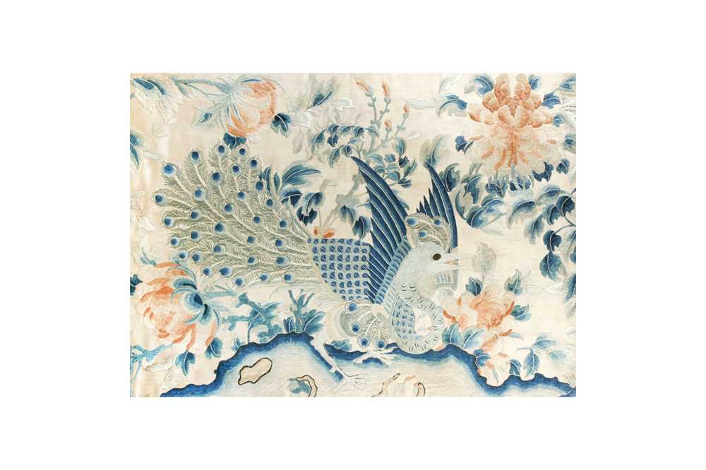 Lot 72 - A CHINESE EMBROIDERED 'PEACOCK AND PEONIES'