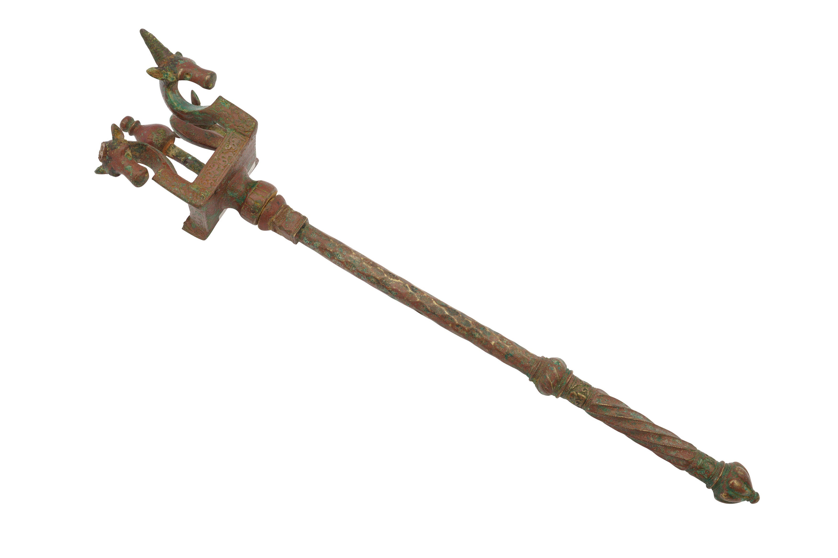 Lot 3 - A MEDIEVAL BRONZE MACE WITH ANIMAL FINIALS AND