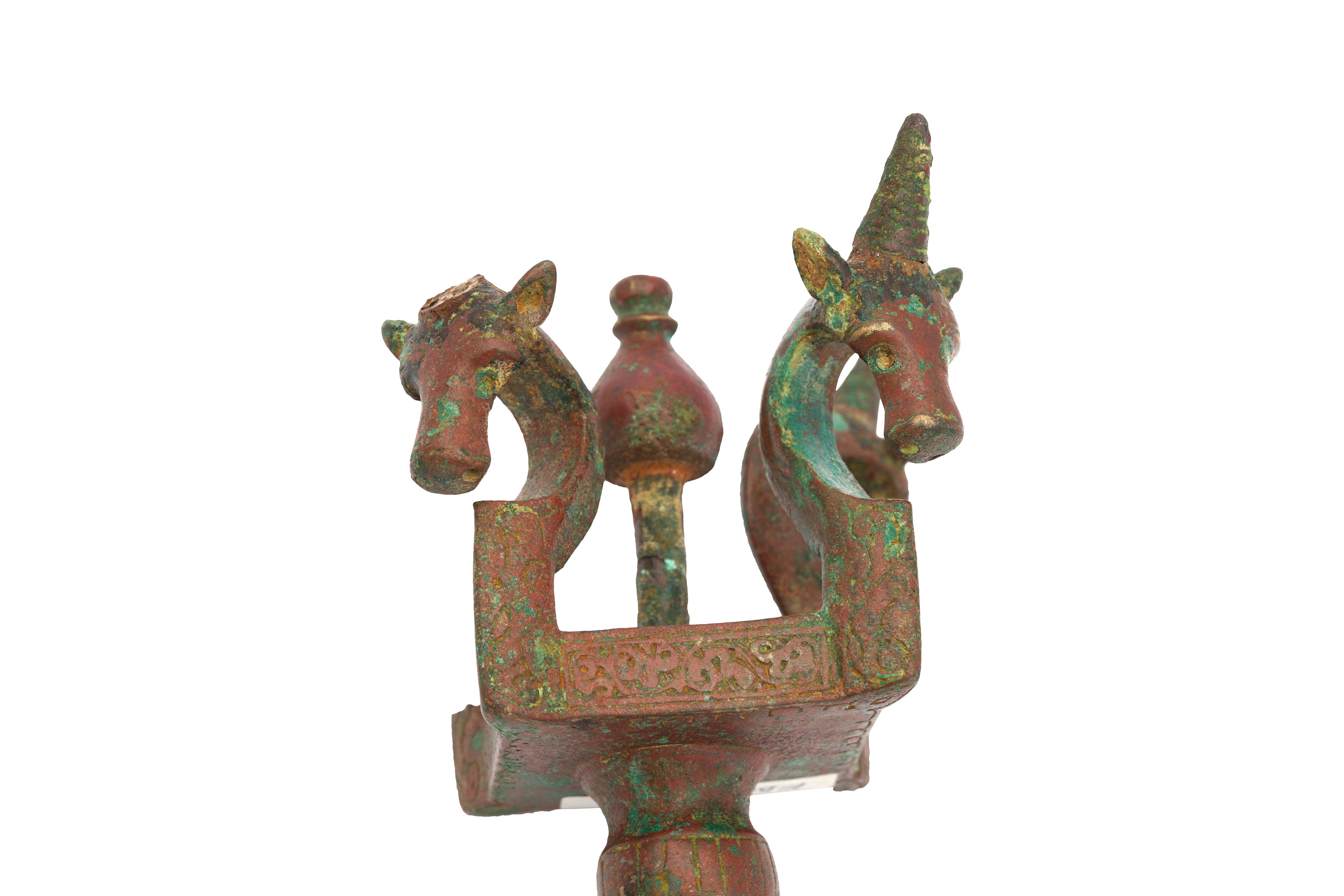 Lot 3 - A MEDIEVAL BRONZE MACE WITH ANIMAL FINIALS AND