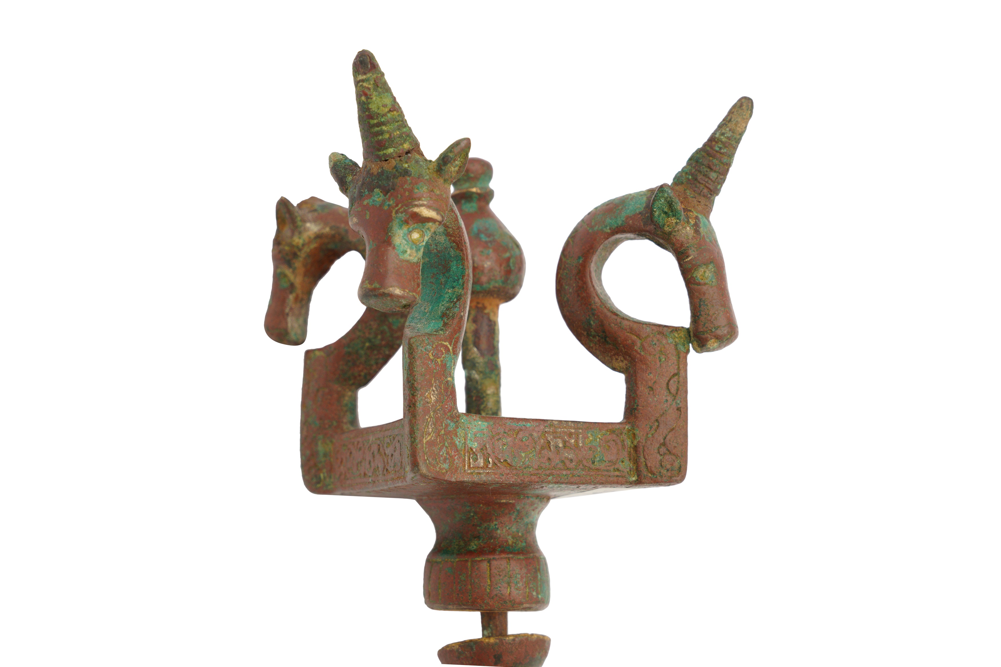 Lot 3 - A MEDIEVAL BRONZE MACE WITH ANIMAL FINIALS AND