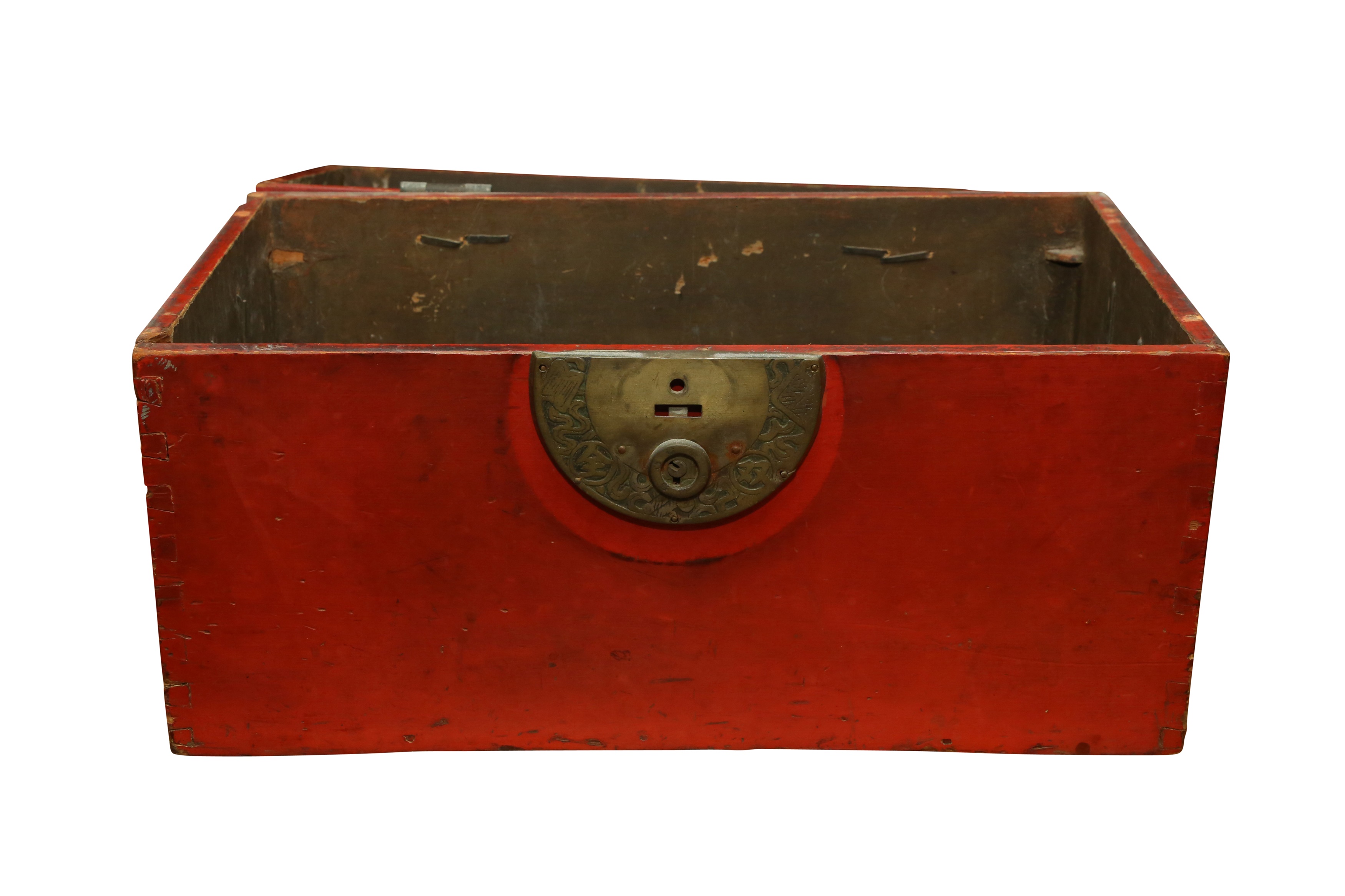 Lot 301 - A SMALL CHINESE WOOD RED-PAINTED BOX