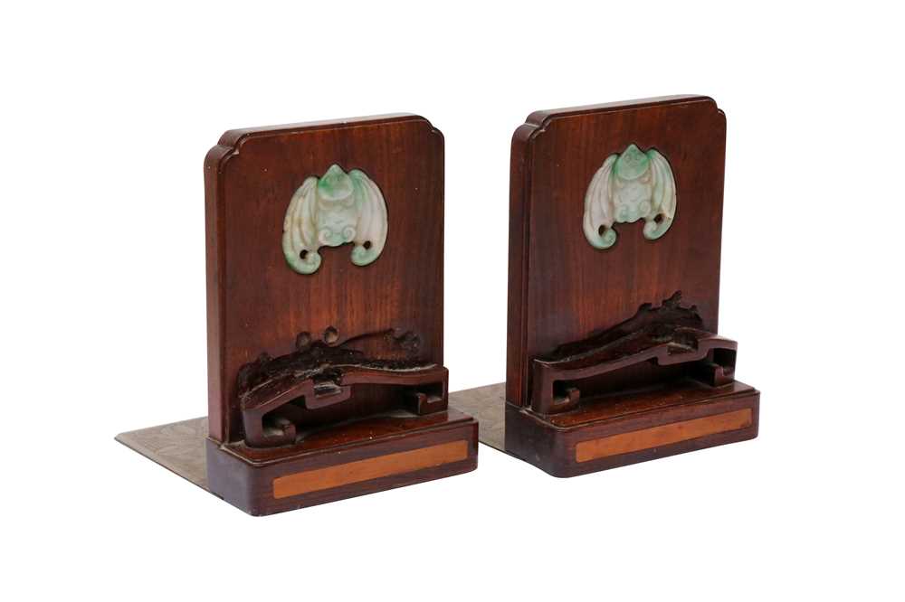 Lot 141 - A PAIR OF CHINESE HARDWOOD BOOKENDS INLAID