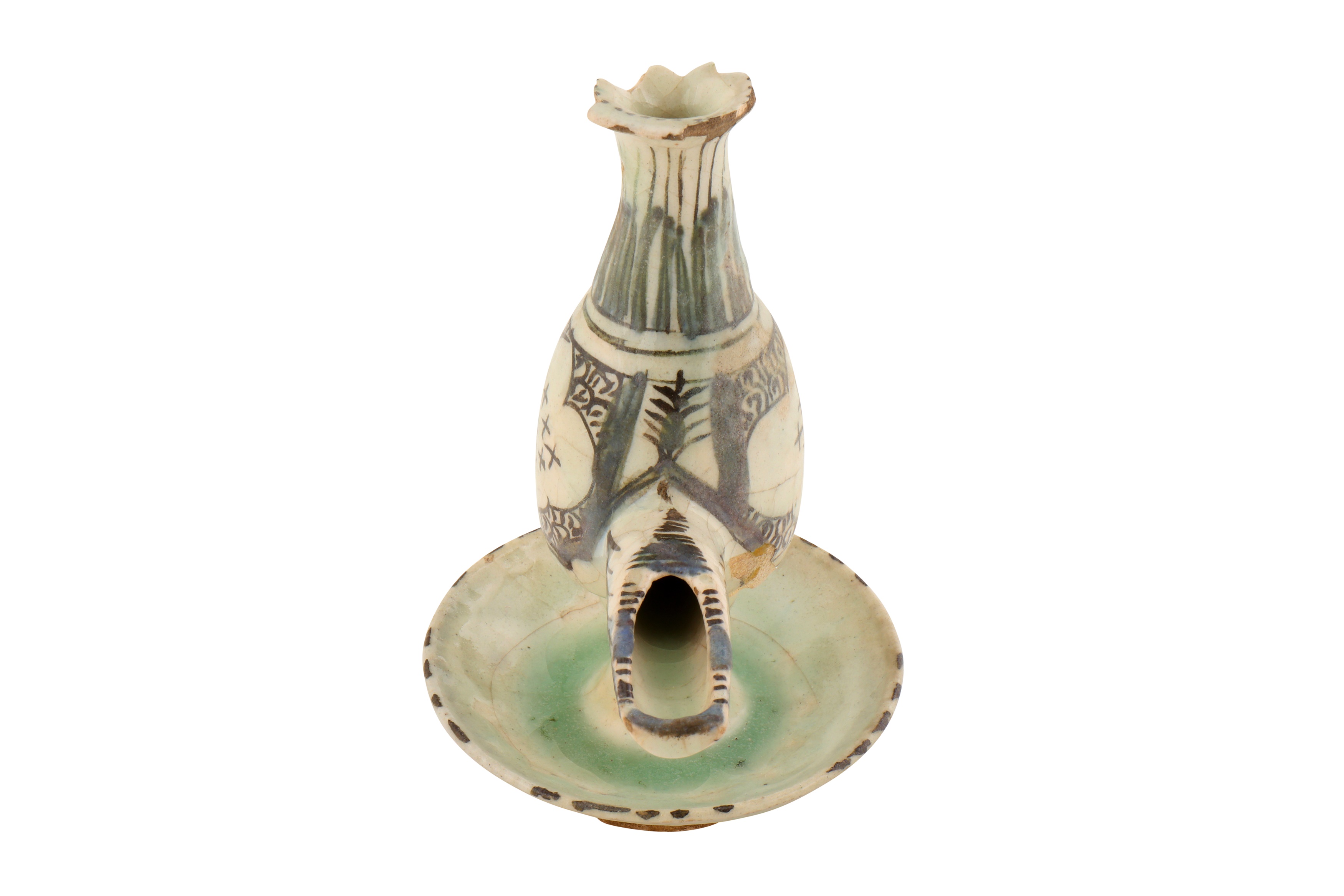 Lot 459 - A GLAZED FRITWARE CERAMIC OIL BURNER/LAMP